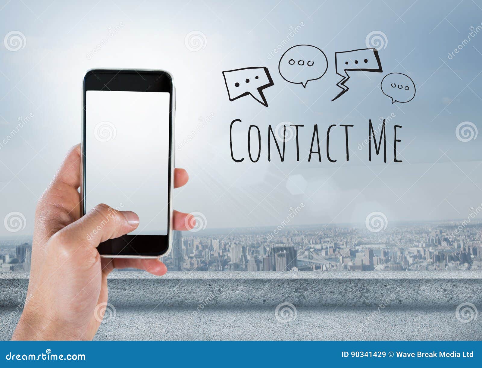 Hand Holding Phone and Contact Me Text with Drawings Graphics Stock ...