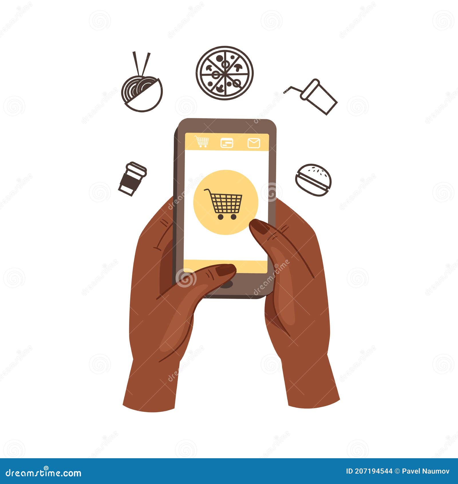 Hand Holding Phone Ordering Food Using Internet Vector Illustration ...