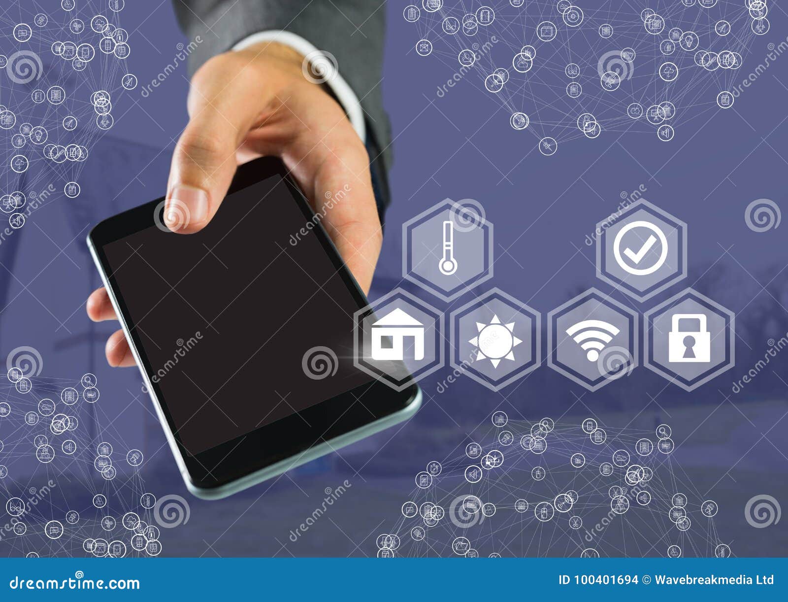 Hand Holding Phone with Smart Home Interface and Connectors Stock Photo ...