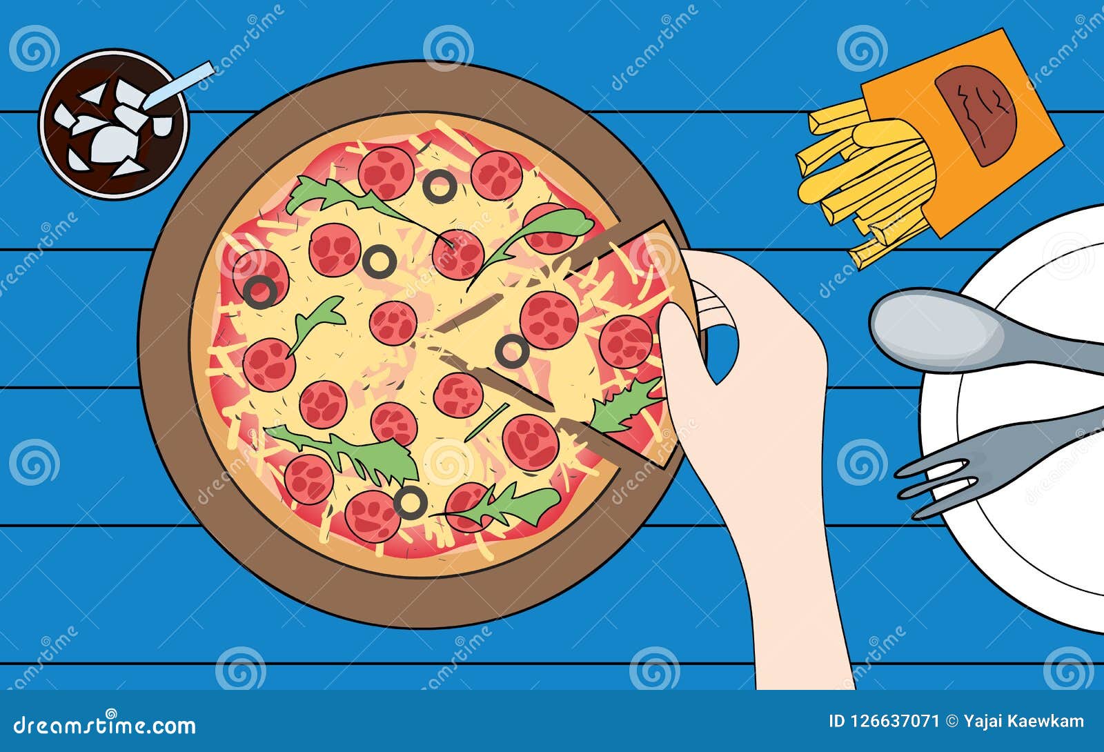 Eating pizza, top view stock vector. Illustration of hand - 126637071