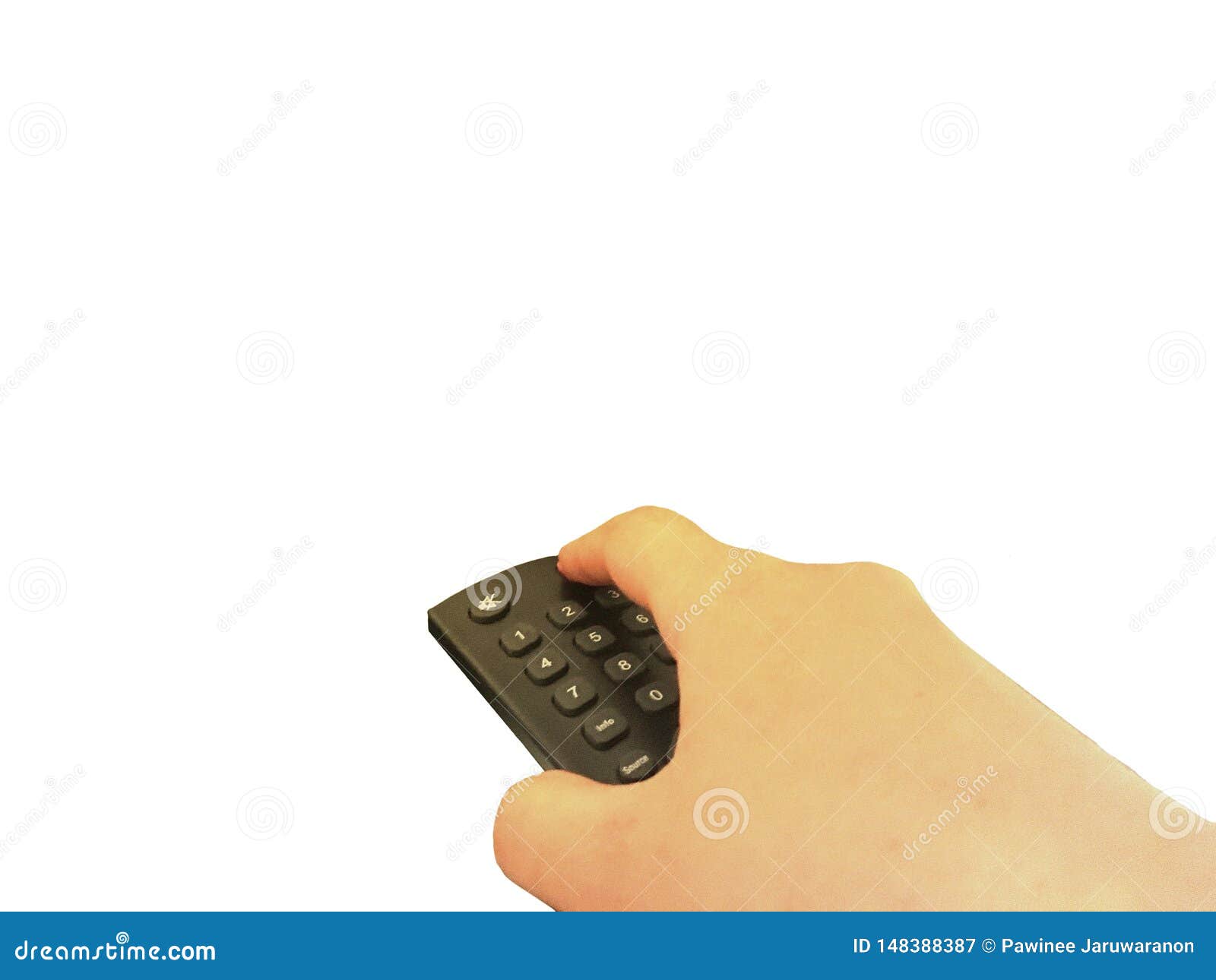 Hand Holding and Press Power Button on Remote Control Isolated on White ...