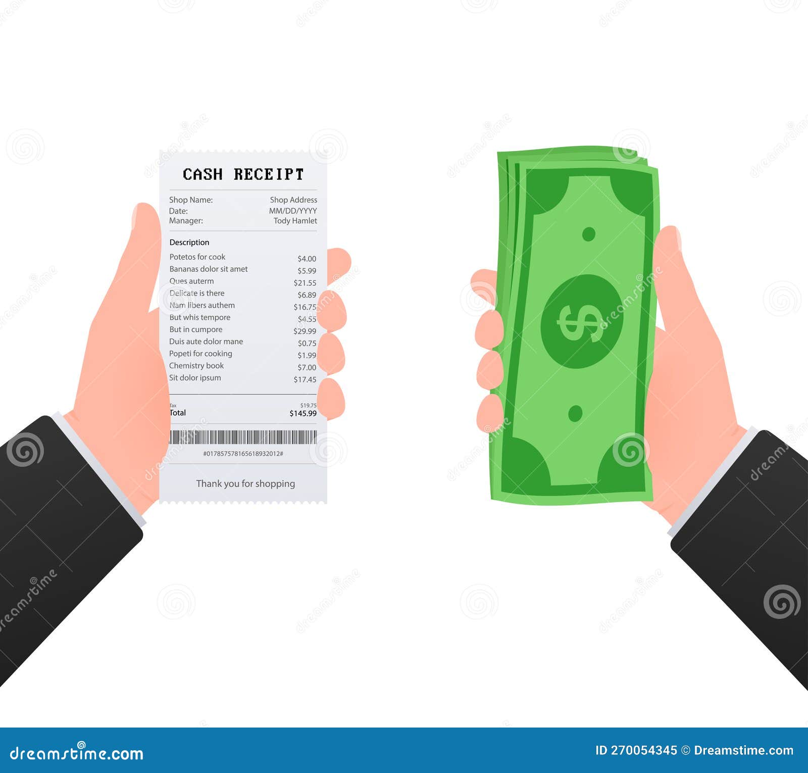 Hand Holding Receipt and Hand Holding Money. Paying Bills. Stock Vector ...