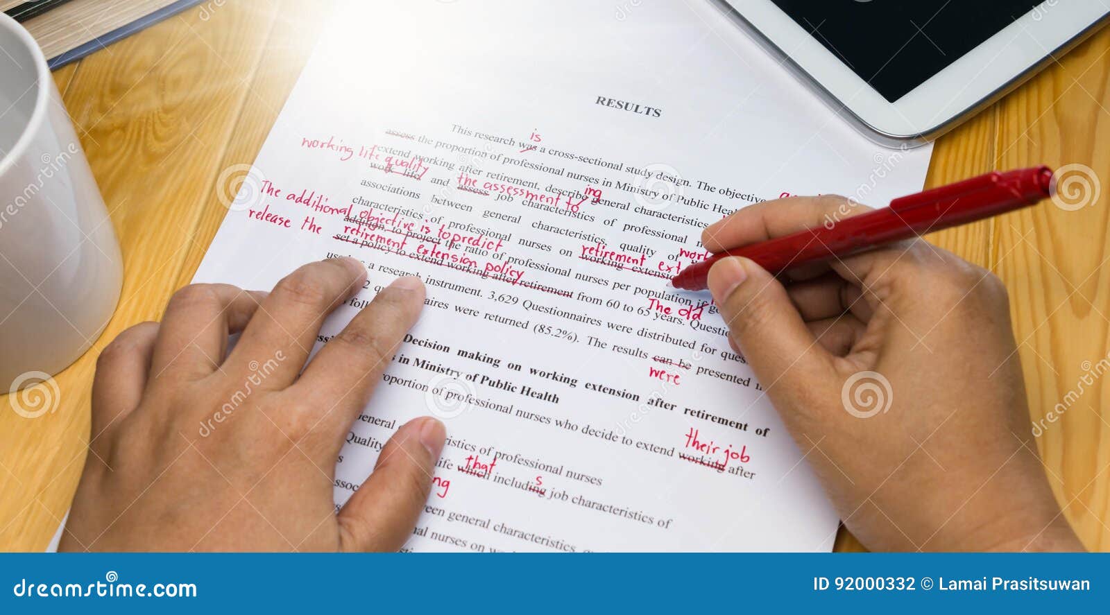 Hand Holding Red Pen Over Proofreading Text Stock Photo - Image of ...