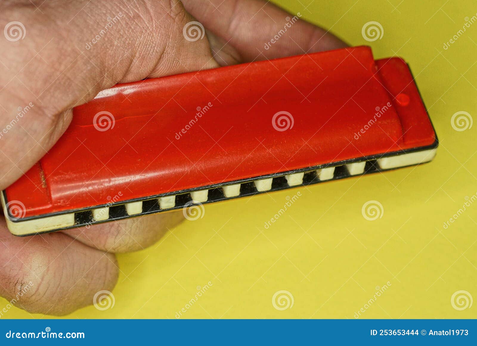 Hand Holding a Red Plastic Harmonica Stock Photo - Image of device ...