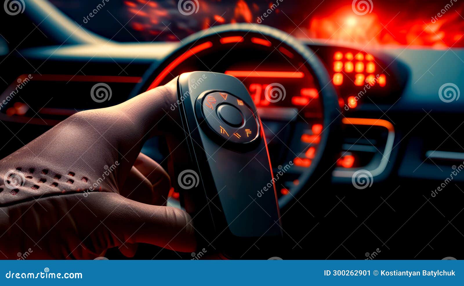 Hand Holding Remote Control in Car with Dashboard Light in the ...