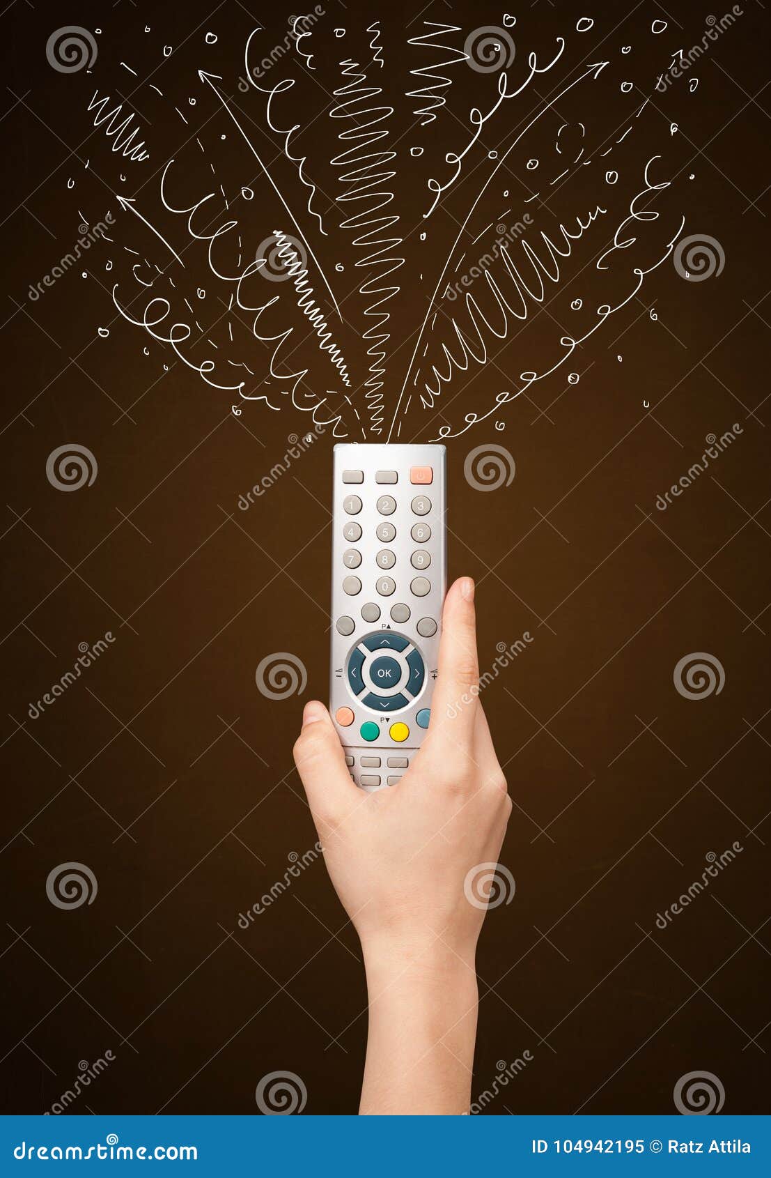 Hand with Remote Control and Curly Lines Stock Image - Image of ...