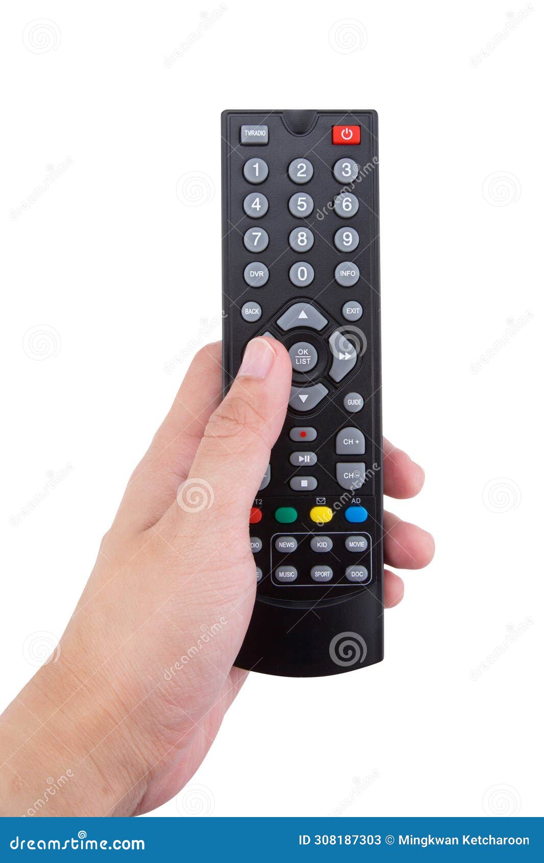 Hand Holding a Remote Control with Text on a White Background Stock ...