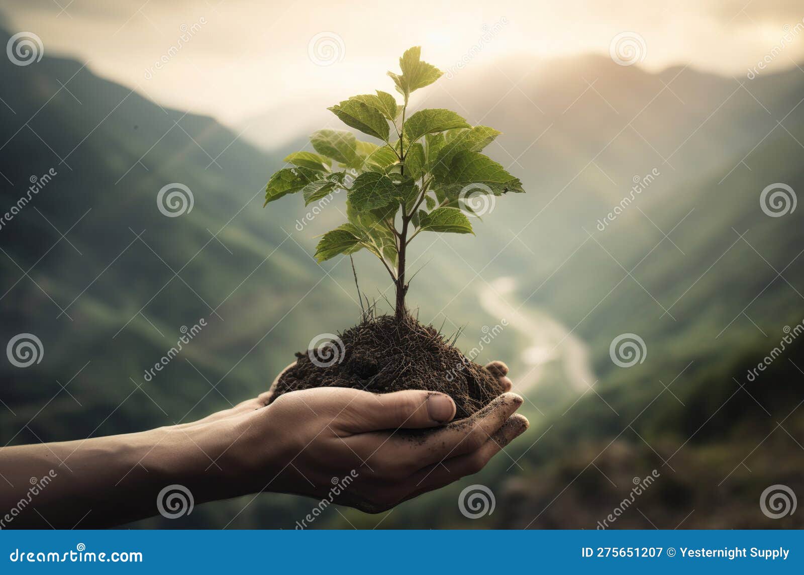 A Hand Holding Saplings in a Landscape View in a Front View by AI Stock ...