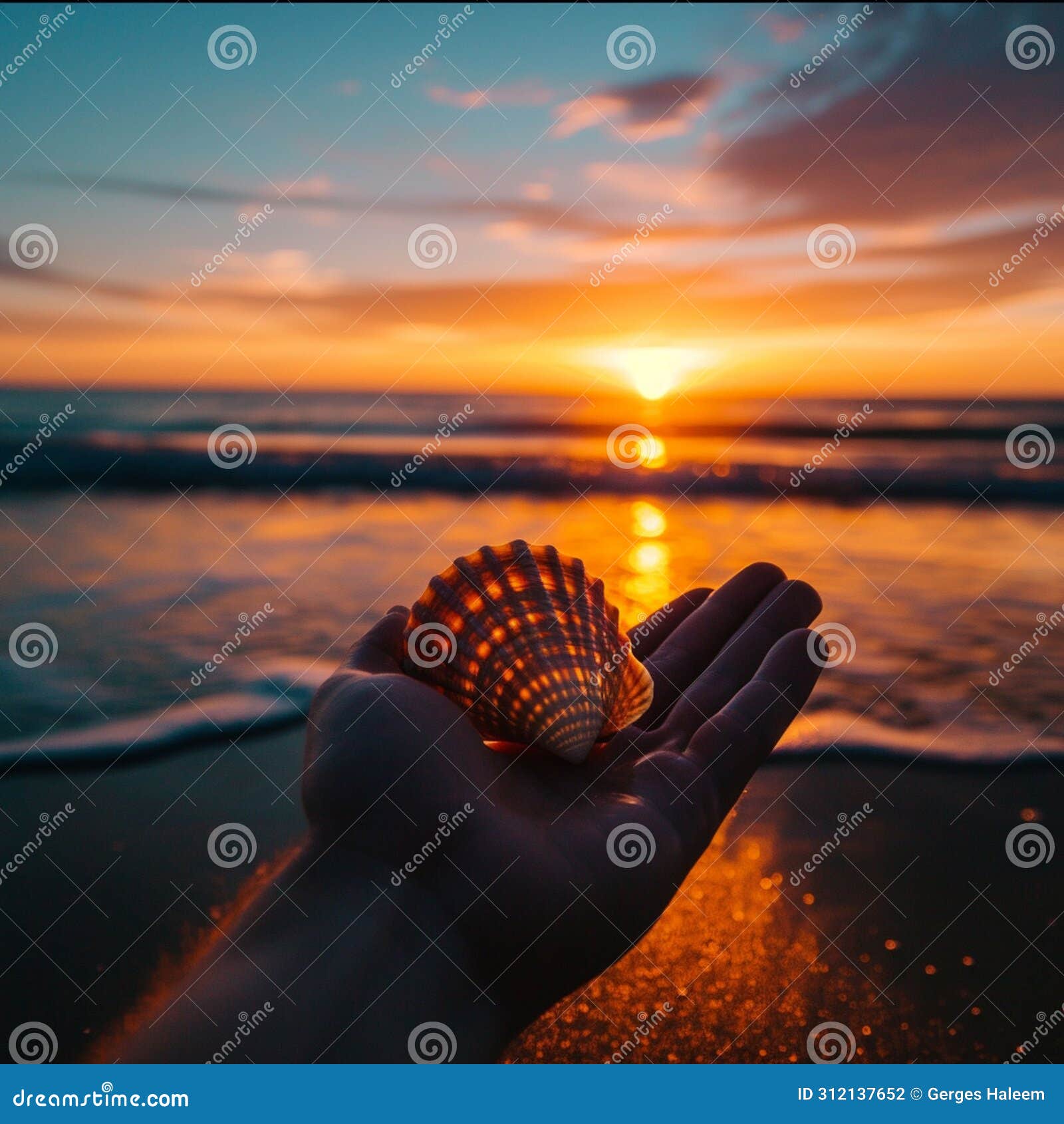 Hand Holding Seashell on Beach at Sunset Stock Illustration ...