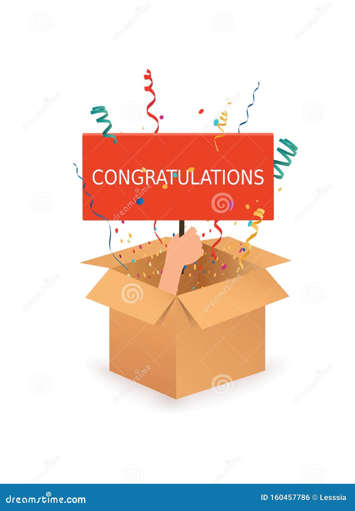 Hand Holding Sign Congratulation. Open Box with Confetti Explosion ...
