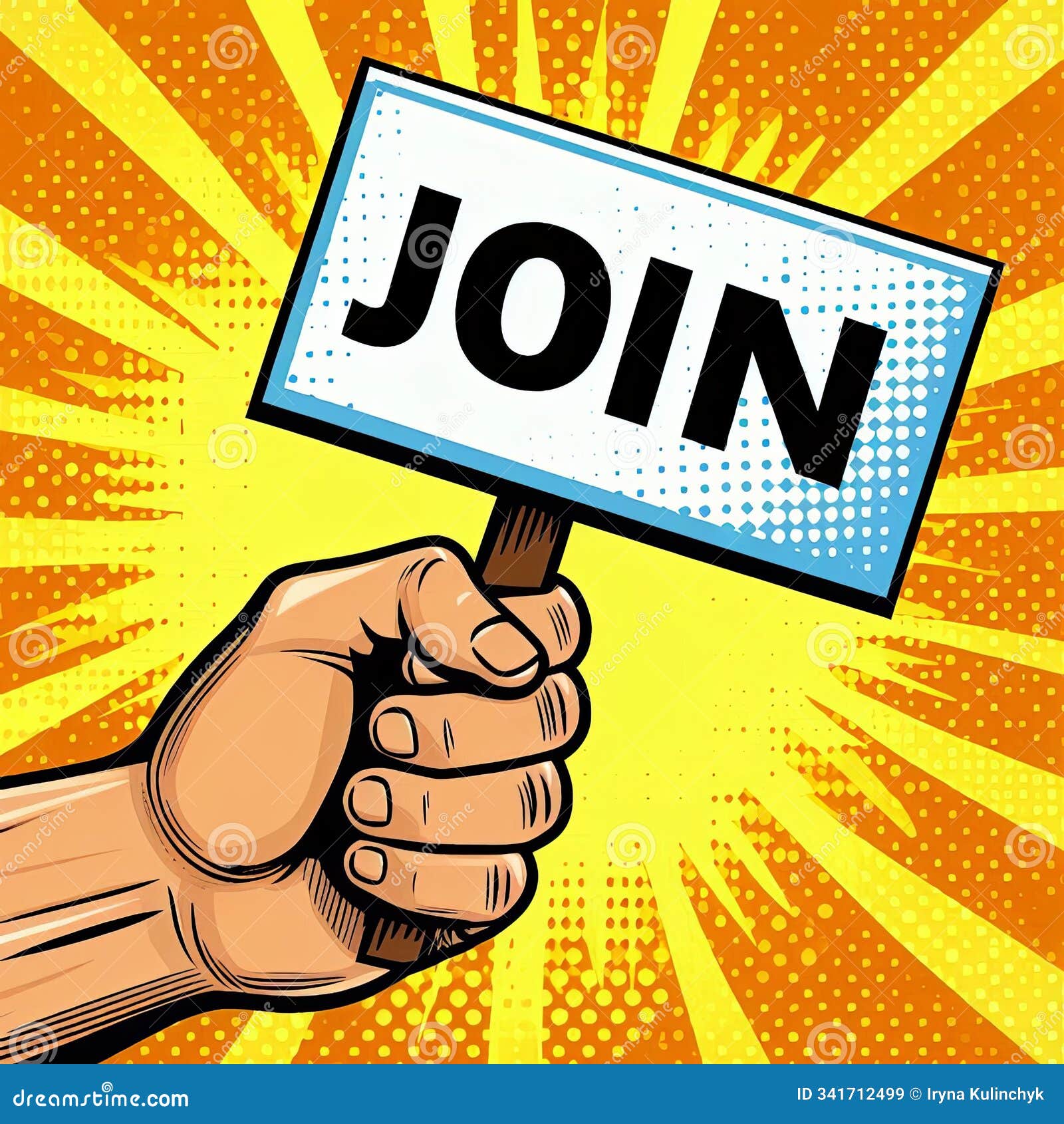 Hand Holding a Sign with the Word JOIN in Comic Book Style. Bright Pop ...