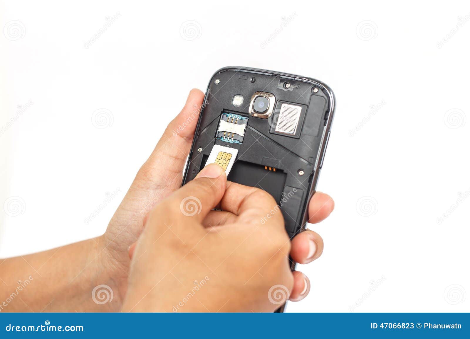Hand Holding Sim Card and Put into Smartphone Isolated on White Stock ...
