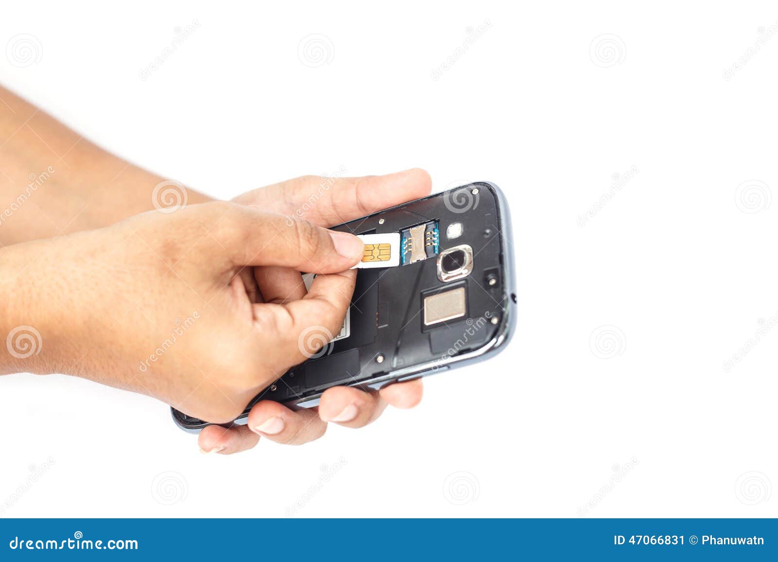 Hand Holding Sim Card and Put into Smartphone Isolated on White Stock ...