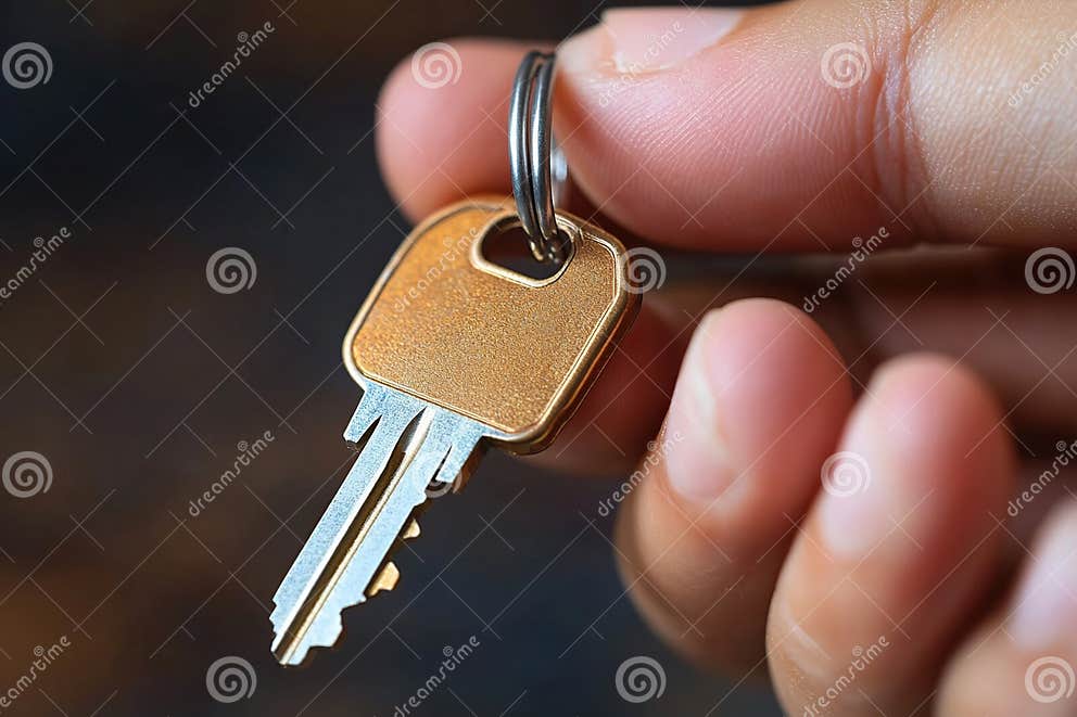 A Hand Holding a Single Golden Key with a Silver Key Ring Stock ...
