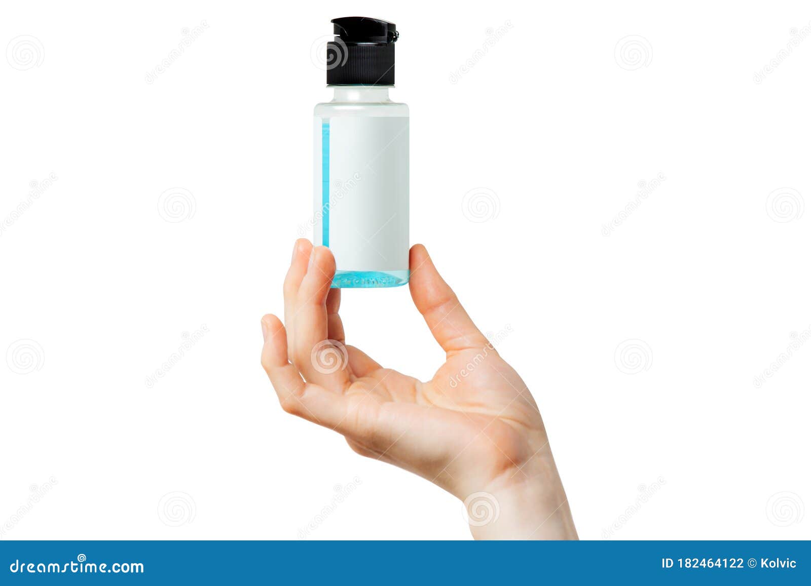 Hand Holding Small Bottle with Blue Sanitizing Liquid Stock Photo ...