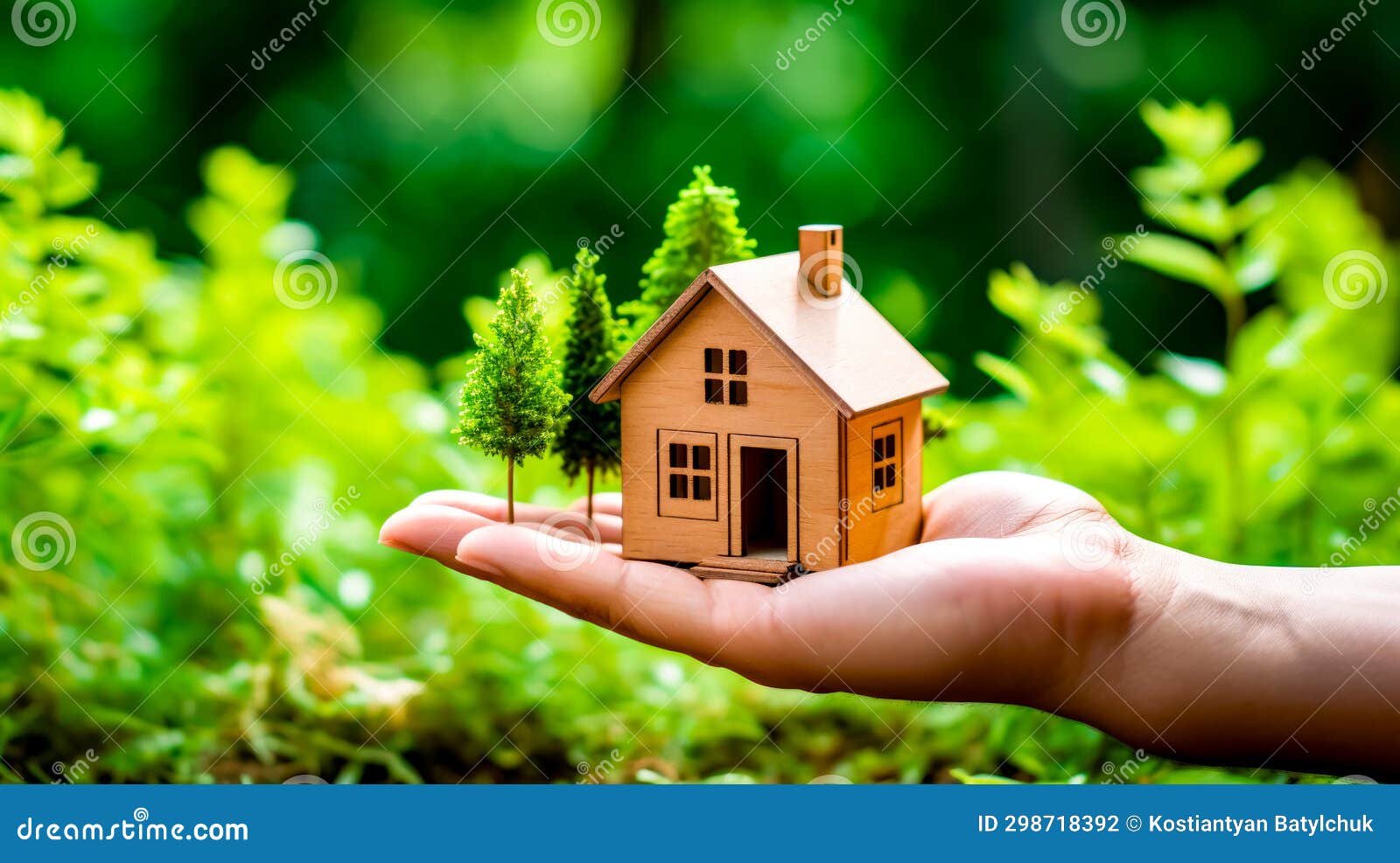 Hand Holding Small Wooden House with Trees in the Front of it ...