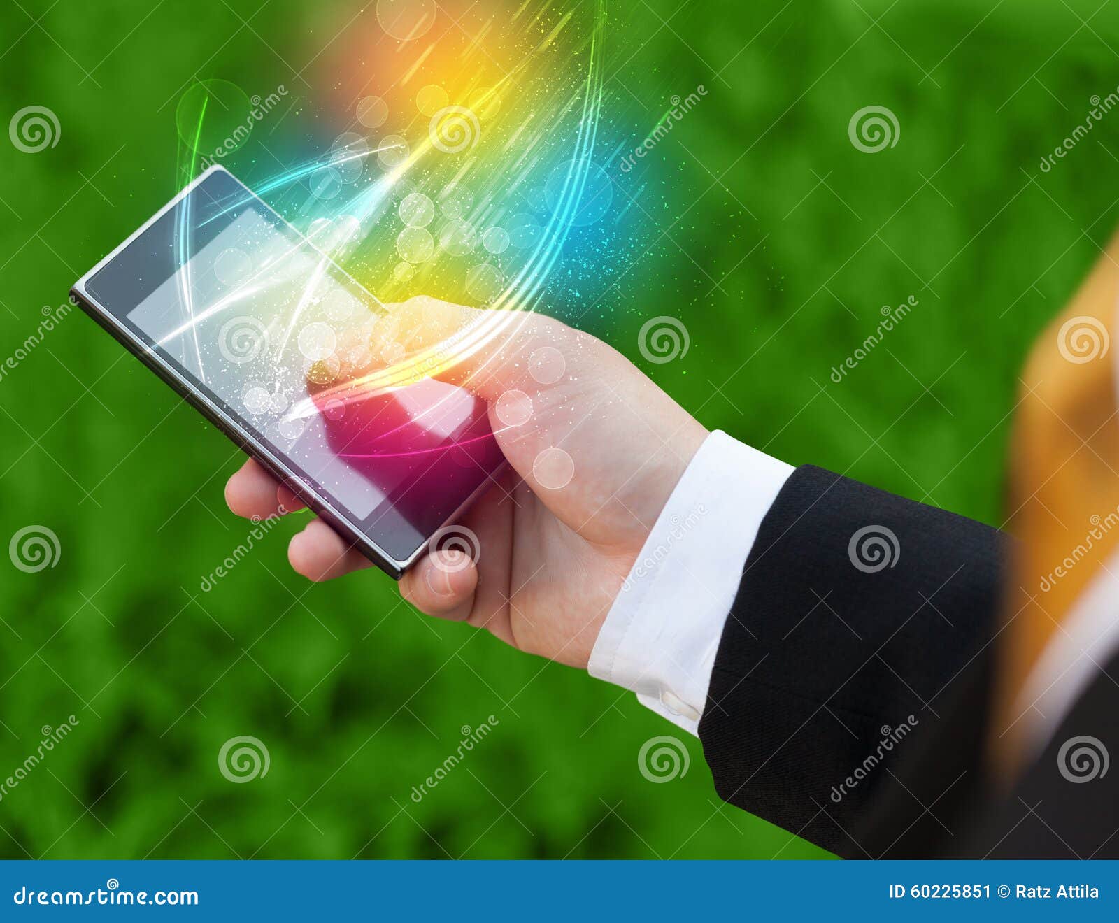 Hand Holding Smart Phone with Abstract Glowing Lines Stock Image ...