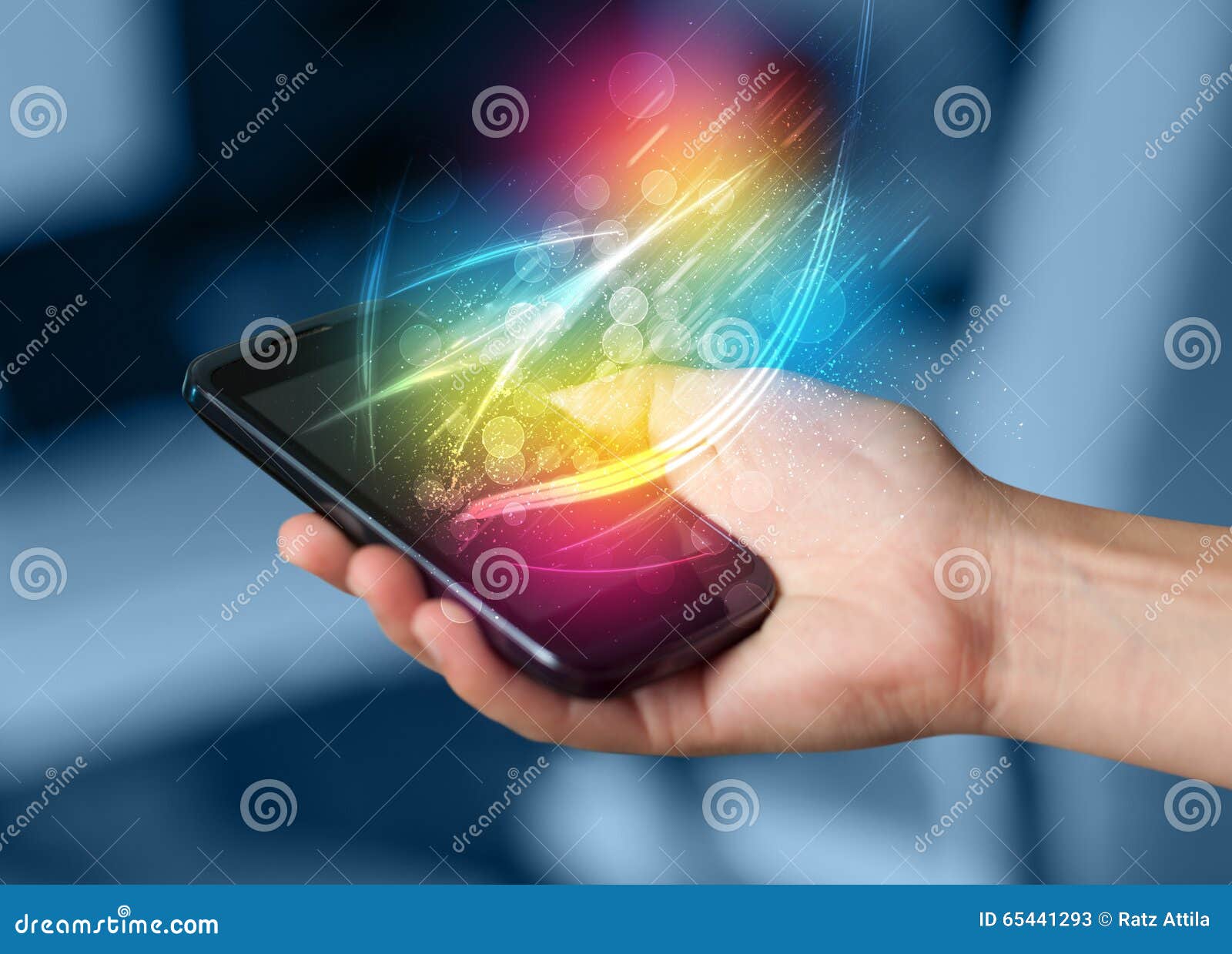 Hand Holding Smart Phone with Abstract Glowing Lines Stock Image ...