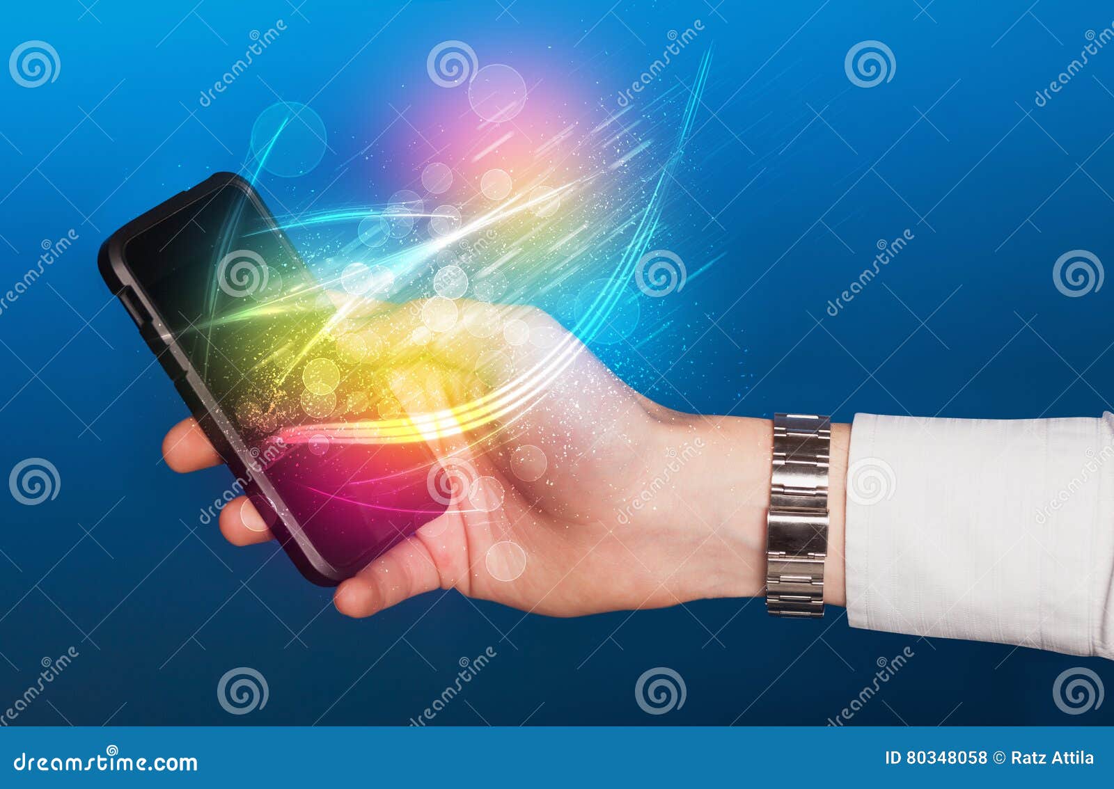 Hand Holding Smart Phone with Abstract Glowing Lines Stock Photo ...