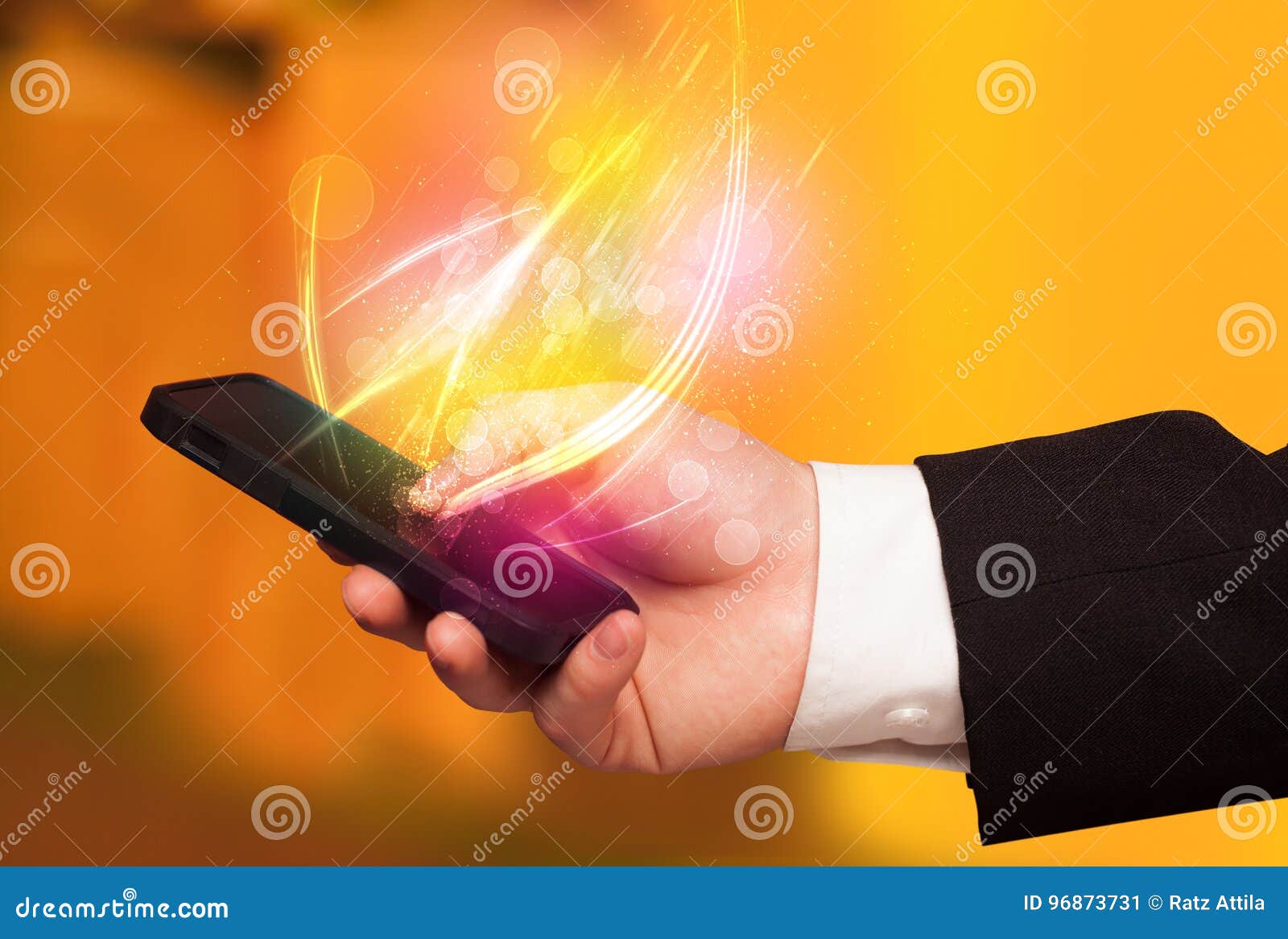 Hand Holding Smart Phone with Abstract Glowing Lines Stock Image ...