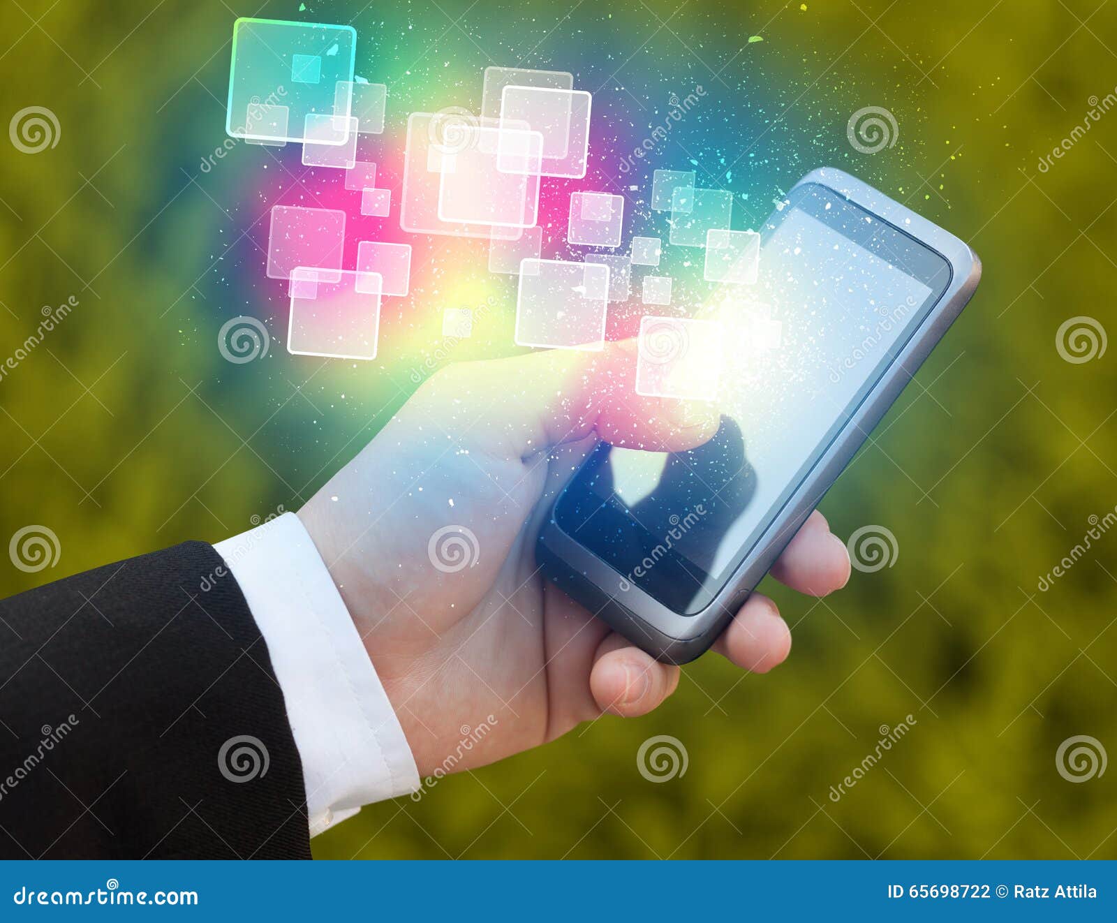 Hand Holding Smart Phone with Abstract Glowing Squares Stock Photo ...