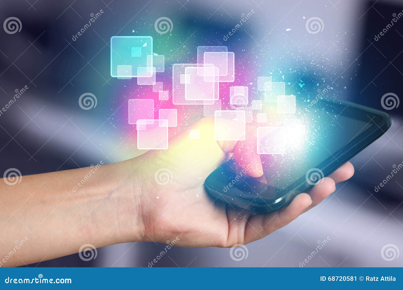 Hand Holding Smart Phone with Abstract Glowing Squares Stock Image ...