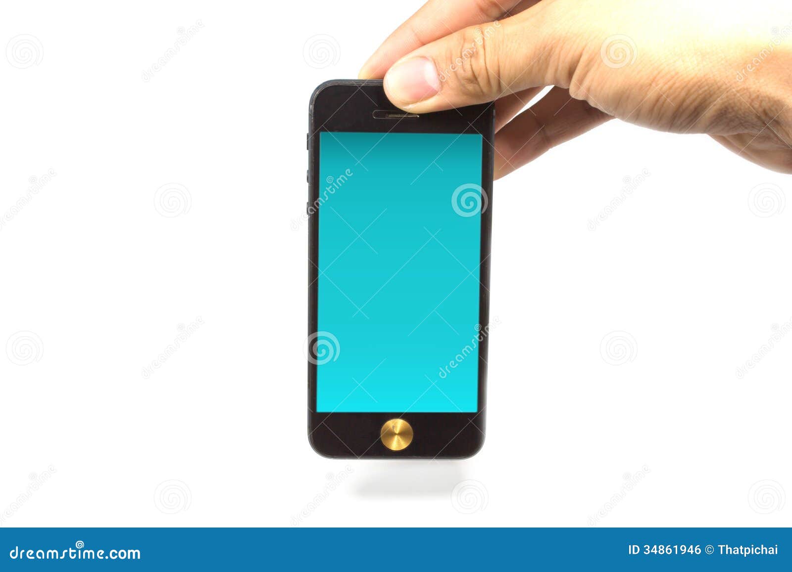Hand Holding Smart Phone with Blue Screen Isolated Stock Photo - Image ...