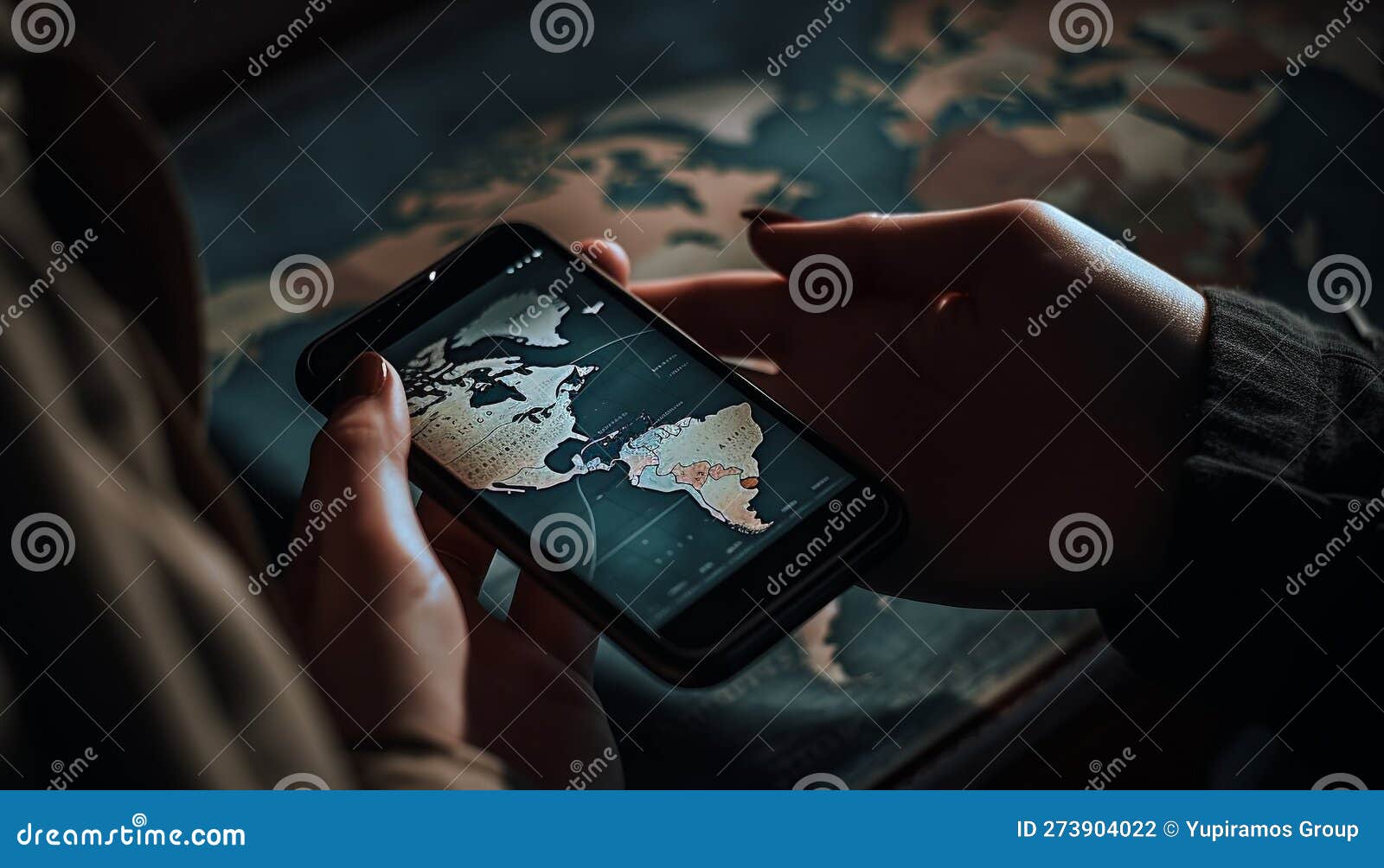 Hand Holding Smart Phone, Exploring Global Communications Generated by ...