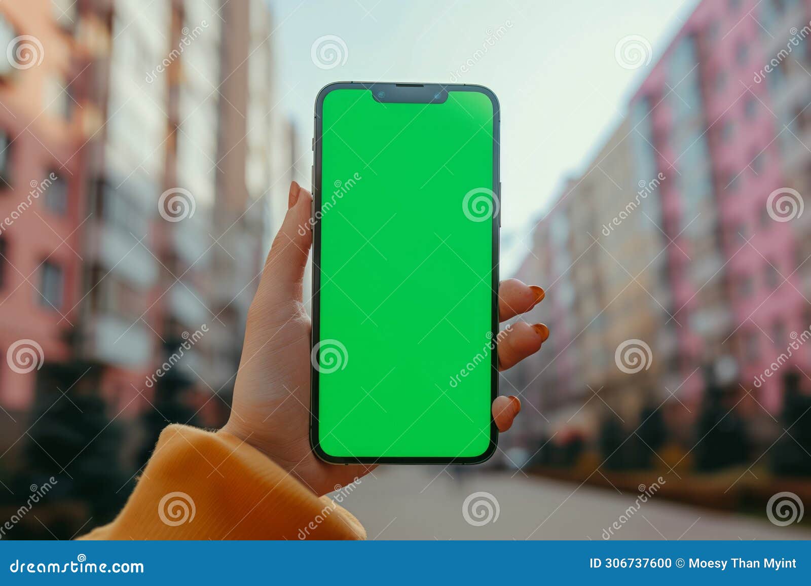 Hand Holding Smart Phone with Green Screen Stock Illustration ...