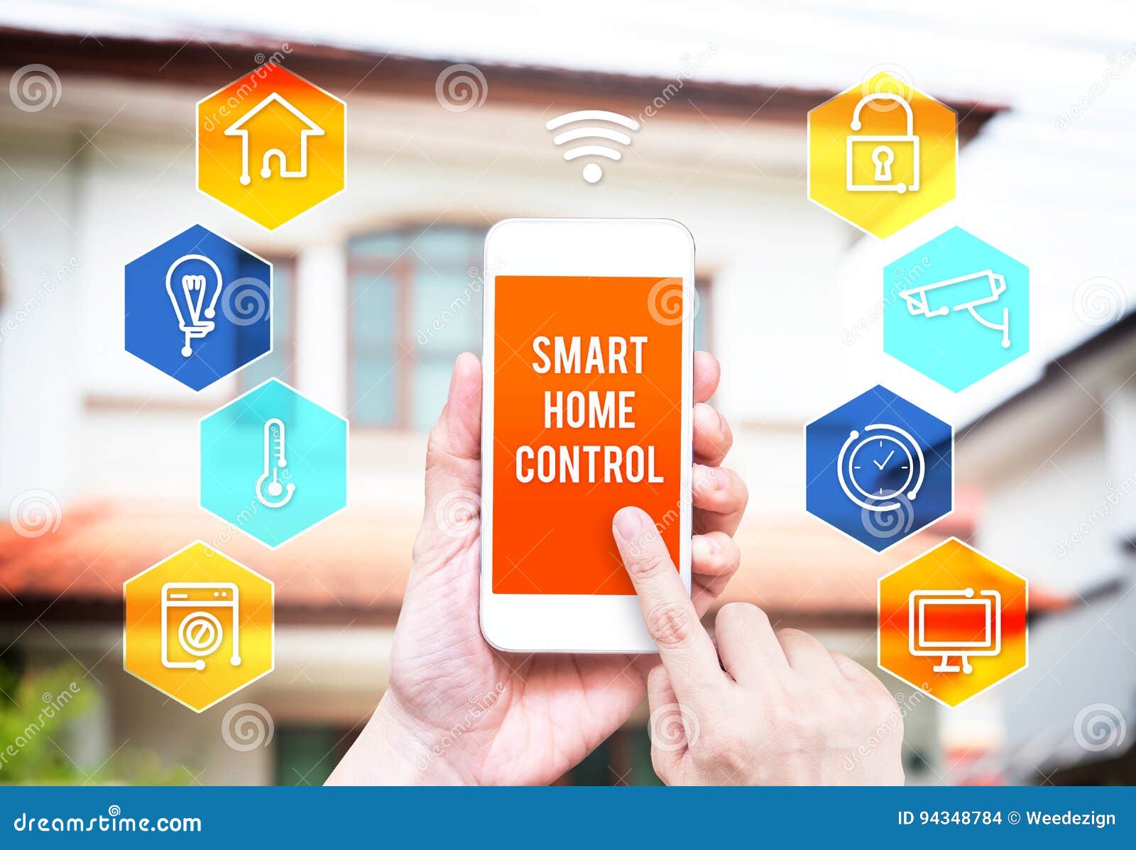 Hand Holding Smart Phone with Home Control Application with Blur Stock ...