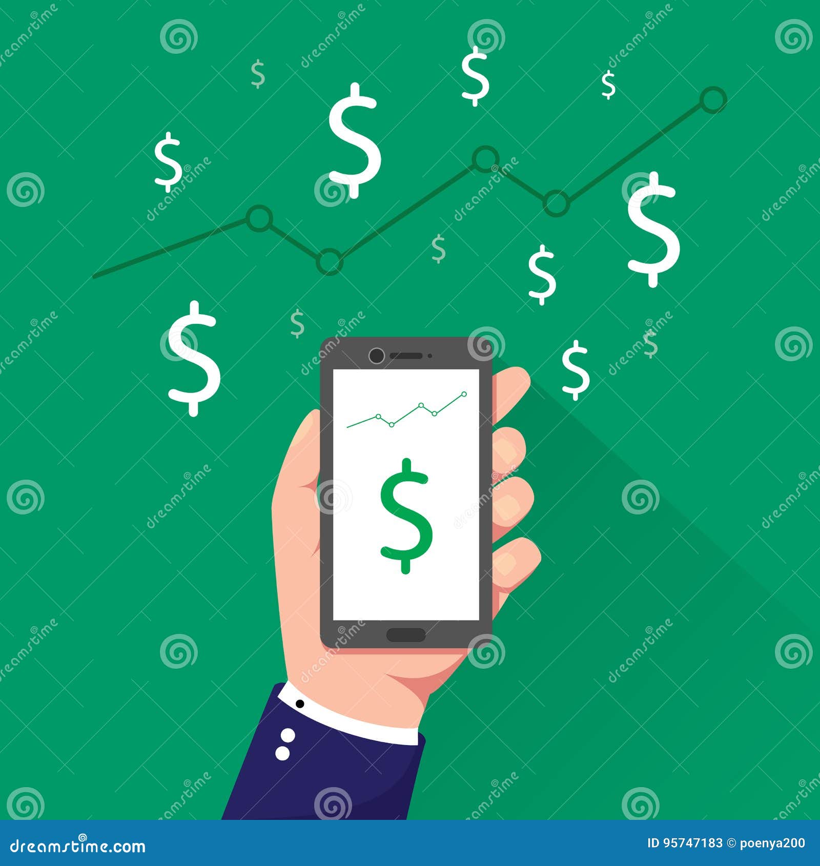 Hand Holding Smart Phone with Money Graph Stock Vector - Illustration ...