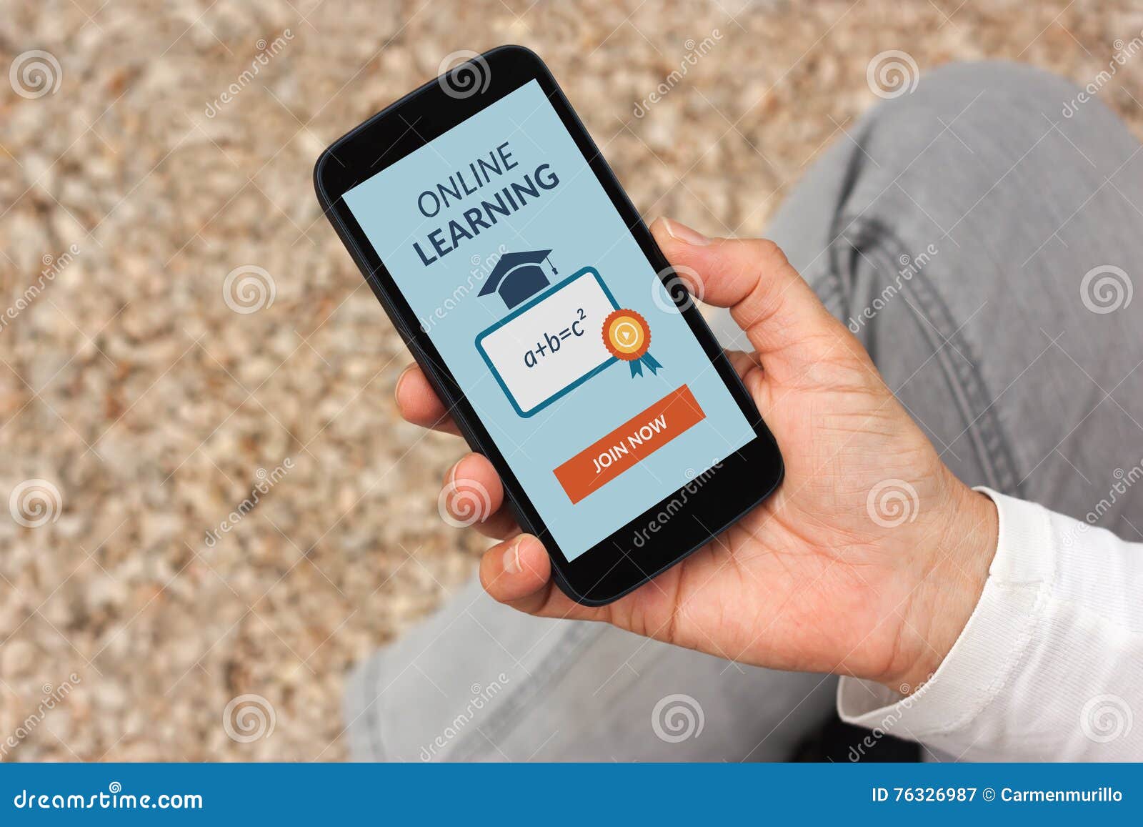 Hand Holding Smart Phone with Online Learning Concept on Screen Stock ...