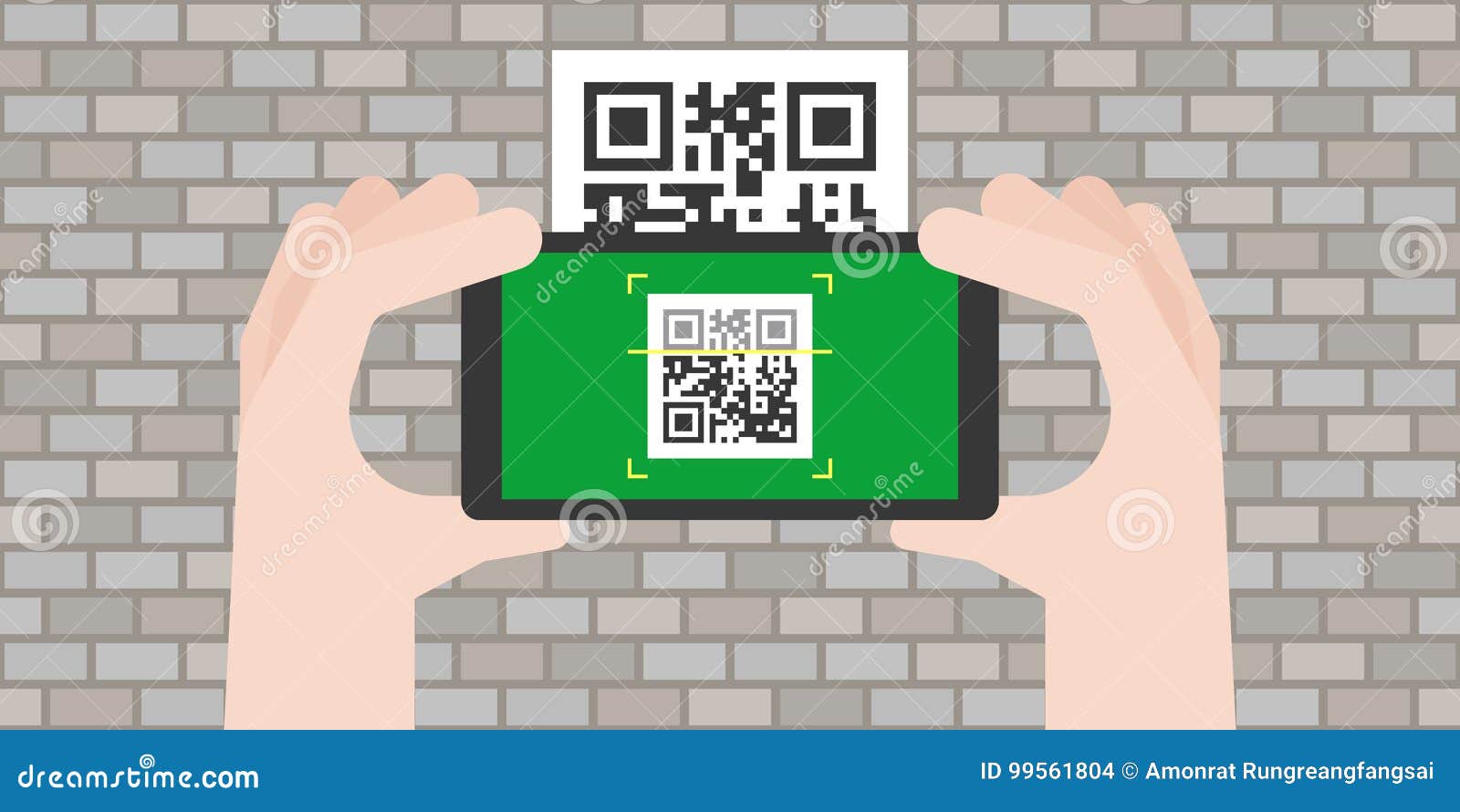 Hand Holding Smart Phone Scanning Qr Code on the Old Wall Stock Vector ...