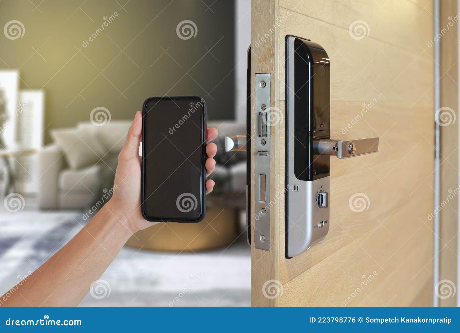 Hand Holding Smart Phone To Open Digital Door Locking System Stock ...