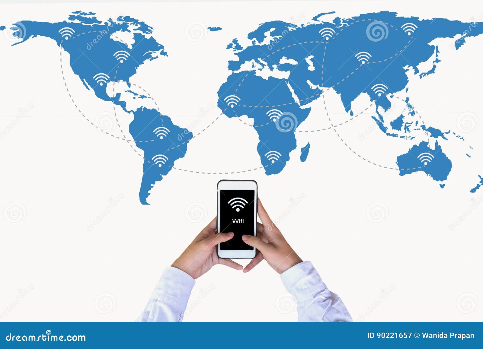 Hand Holding Smart Phone on World Map Network and Wireless ...