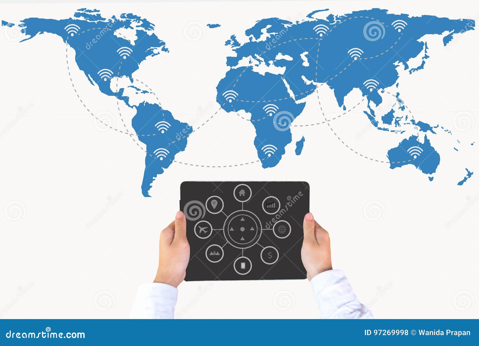 Hand Holding Smart Phone on World Map Network and Wireless ...