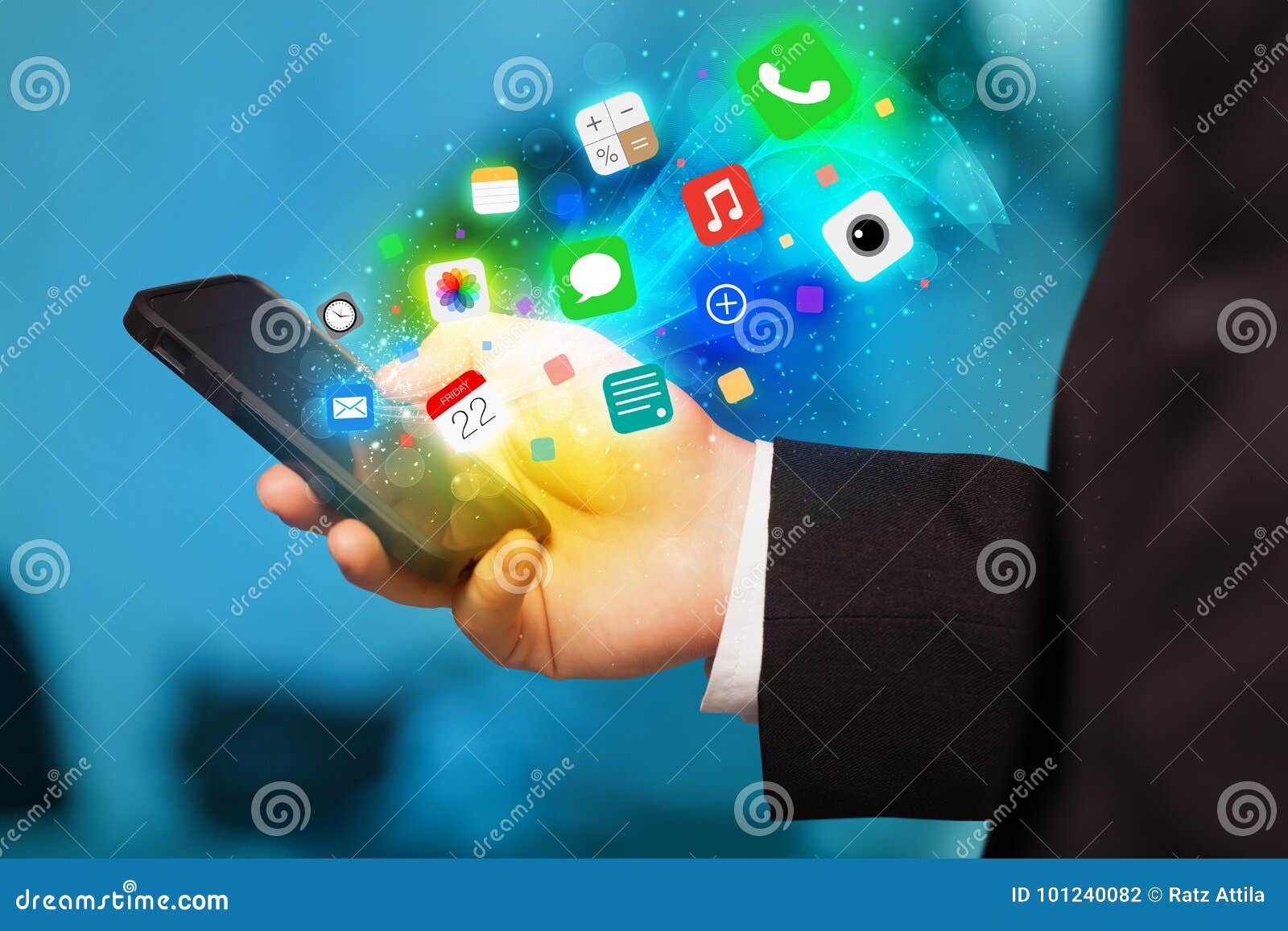 Hand Holding Smartphone with Colorful App Icons Stock Photo - Image of ...