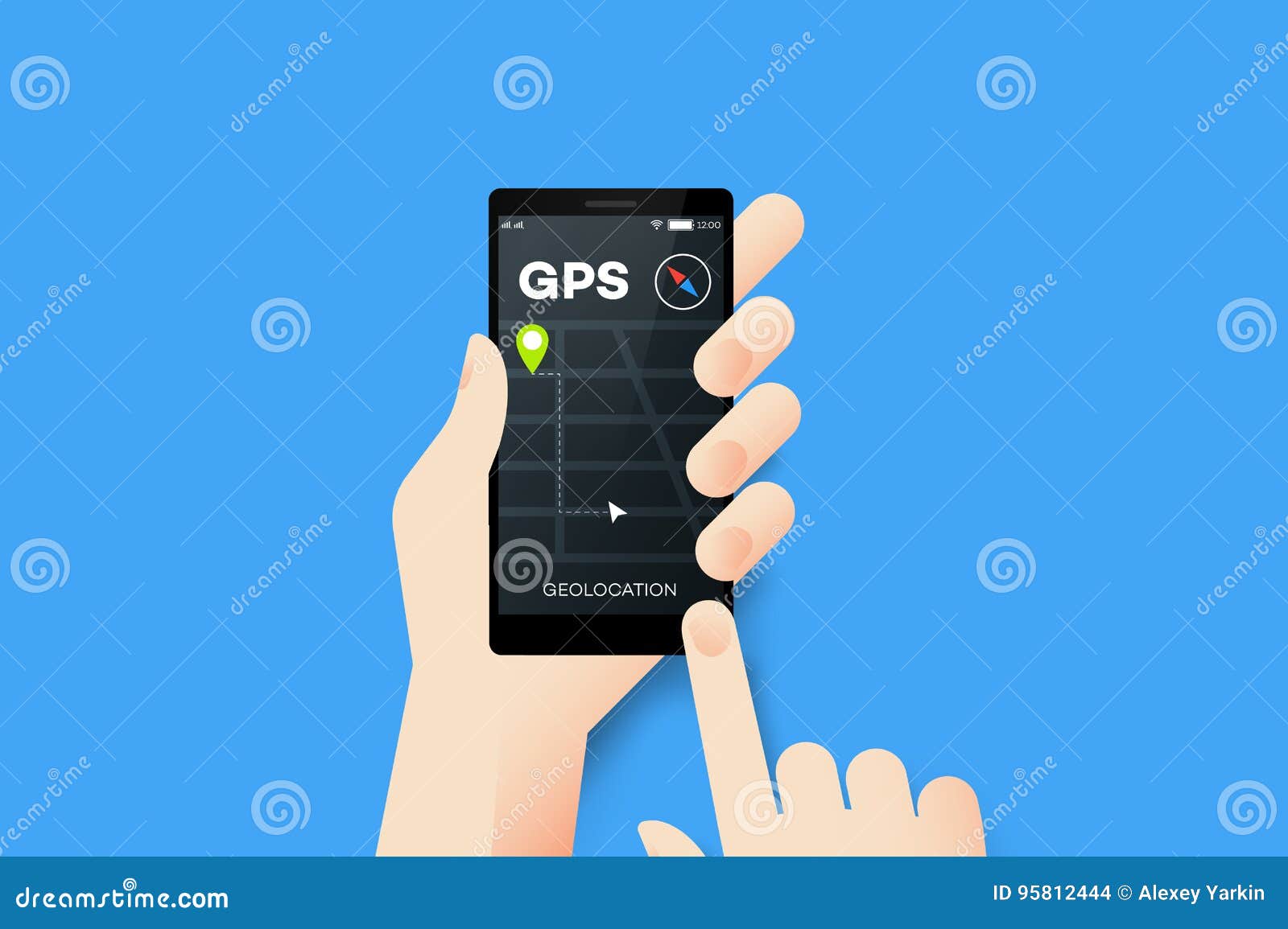 Hand Holding Smartphone with Conceptual GPS Geolocation Stock Vector ...