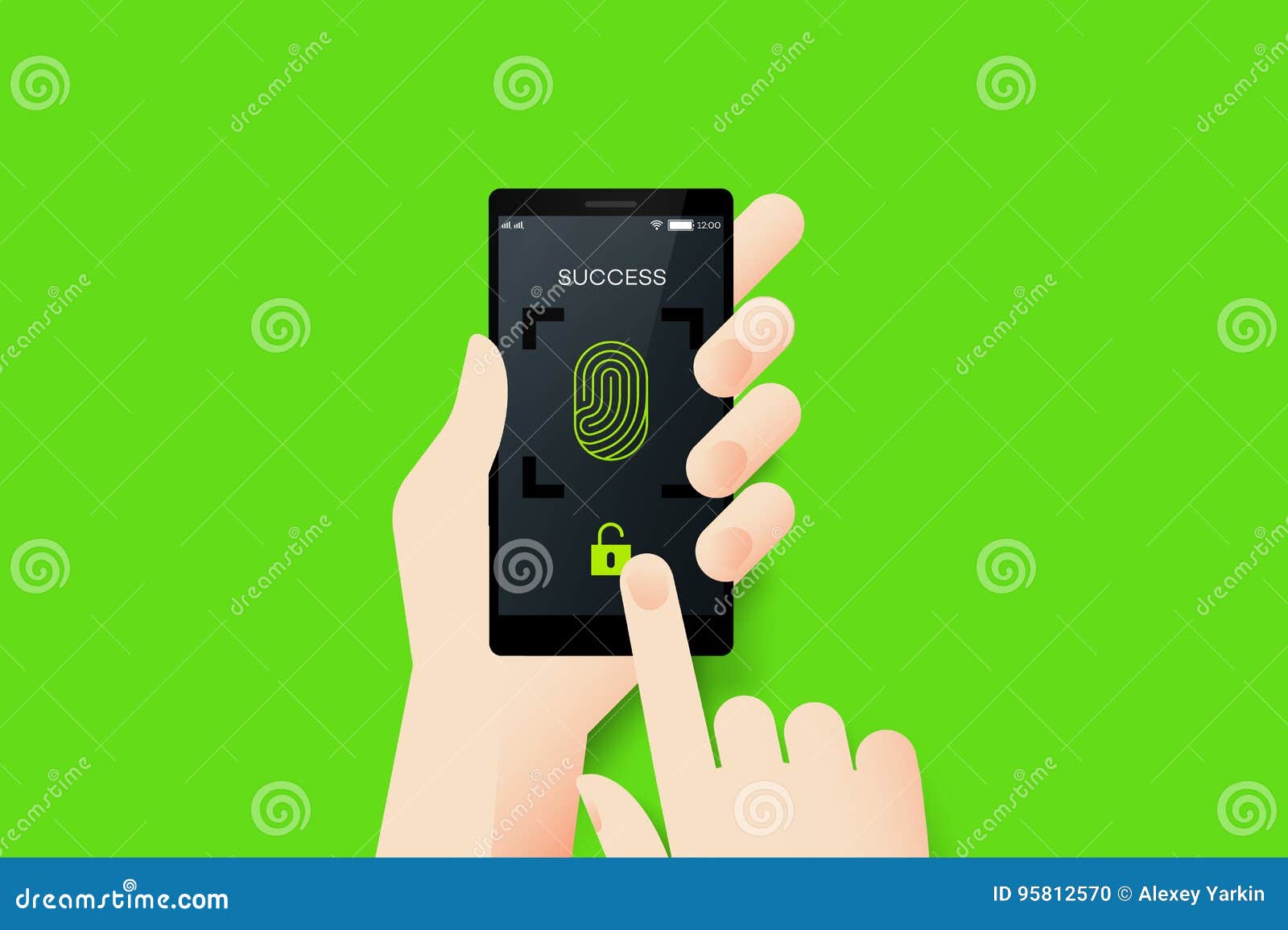 Hand Holding Smartphone with Conceptual Unlocked Fingerprint ... Hand Holding Smartphone with Conceptual Unlocked Fingerprint ...
