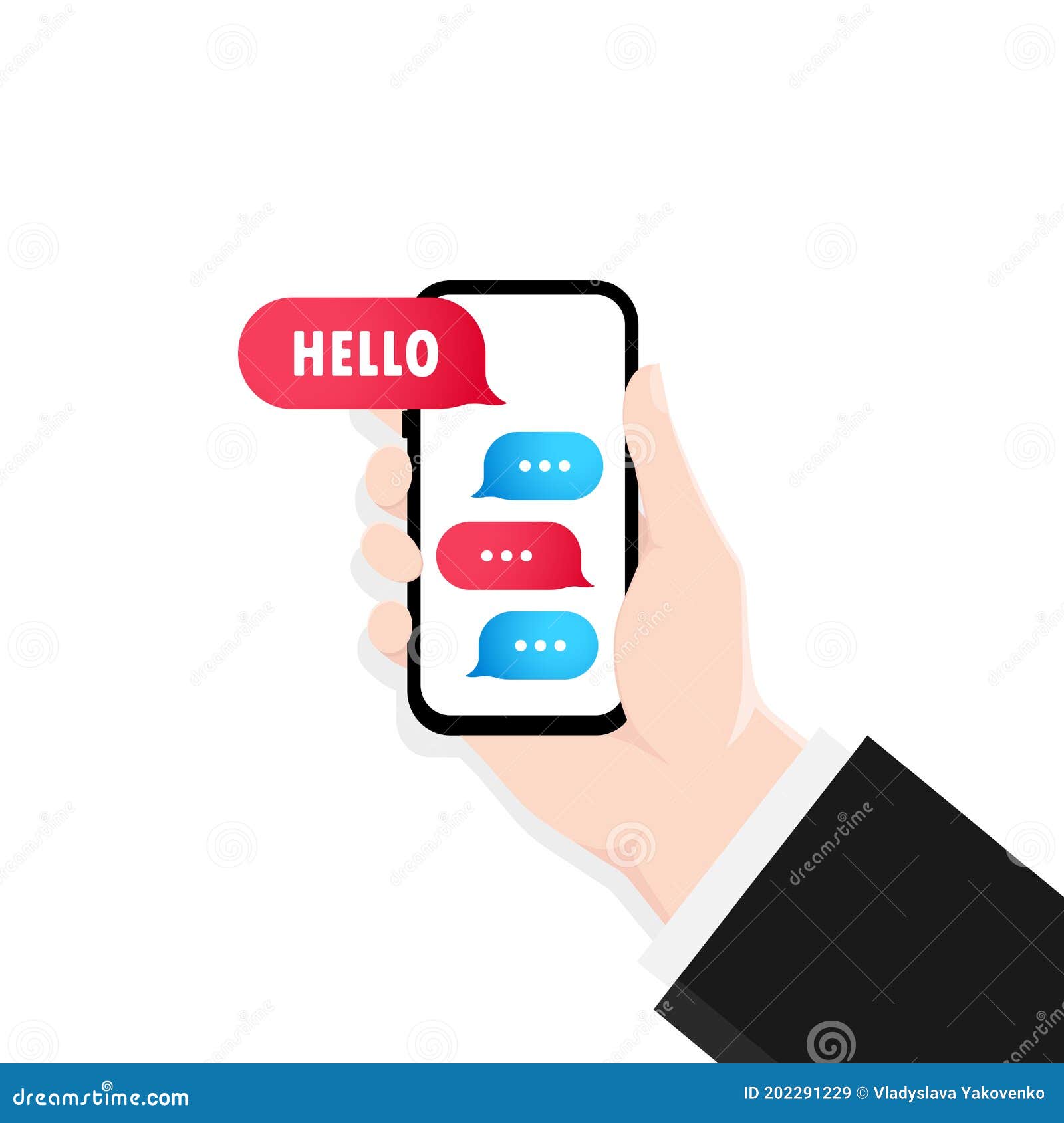Hand Holding Smartphone with Dialog Window Illustration. Hello Message ...