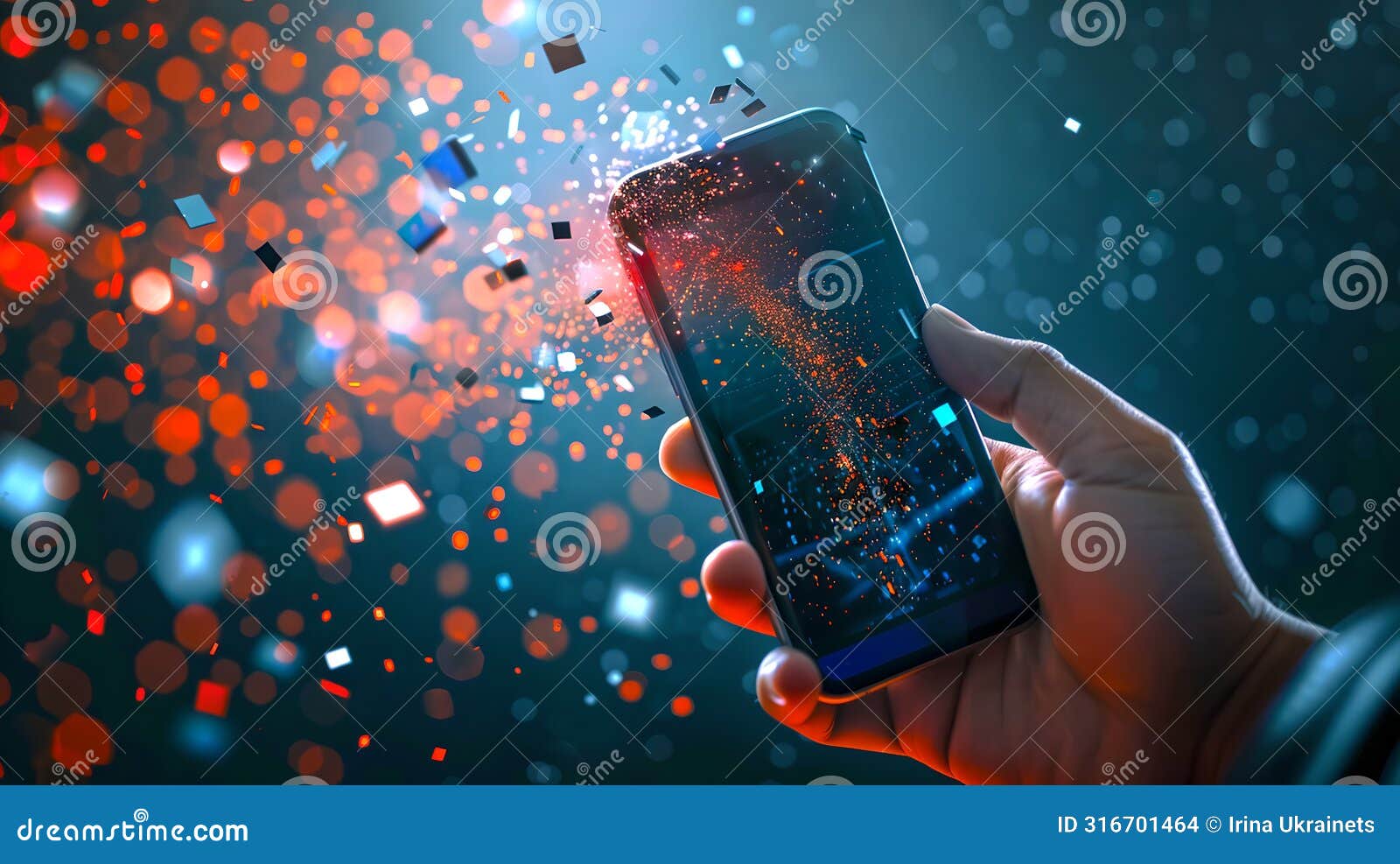 Hand Holding a Smartphone with Digital Particles Emanating. Conceptual ...