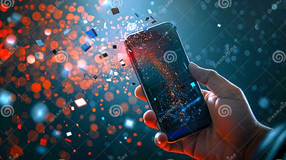 Hand Holding a Smartphone with Digital Particles Emanating. Conceptual ...
