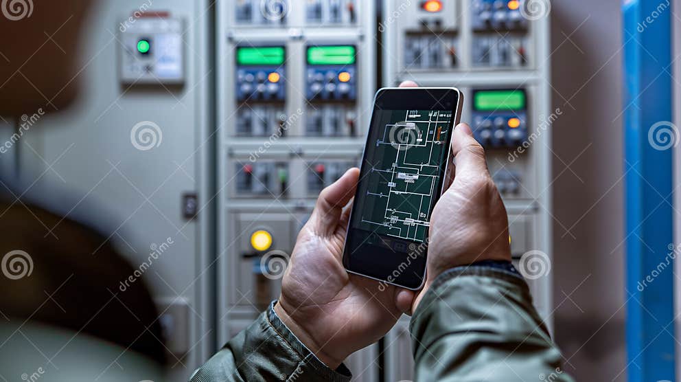 Hand Holding a Smartphone Displaying an Electrical Wiring Application ...