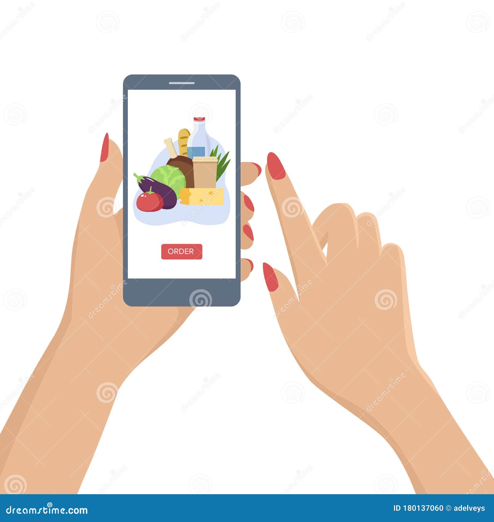 Hand Holding Smartphone with Food Delivery App. Flat Vector ...