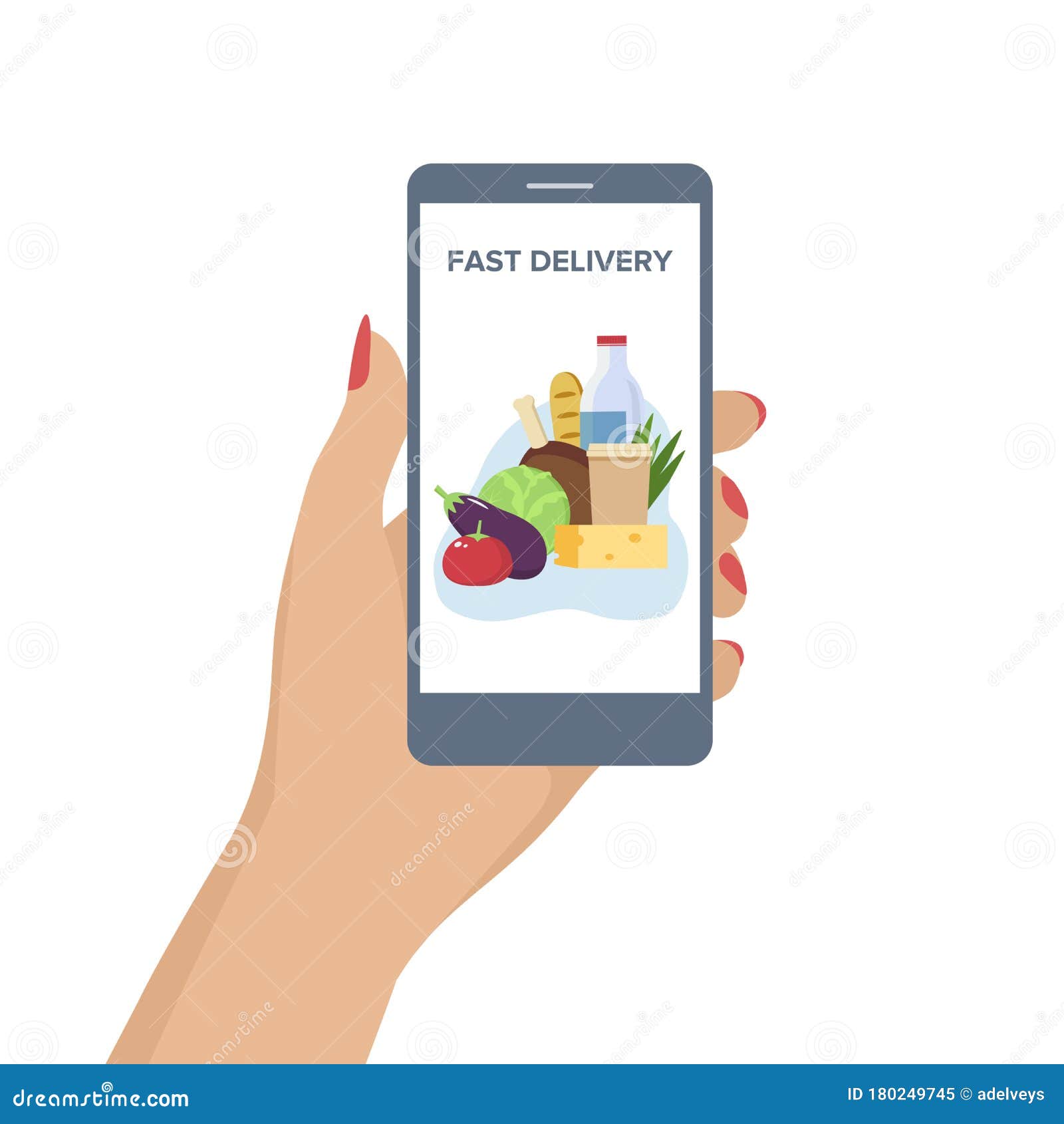 Hand Holding Smartphone with Food Delivery App. Flat Vector ...