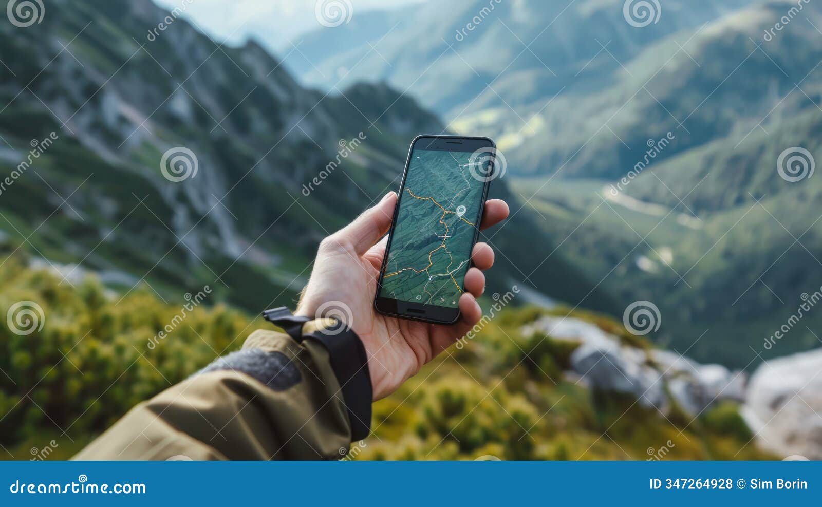 Hand Holding a Smartphone with a GPS Map Route Stock Illustration ...