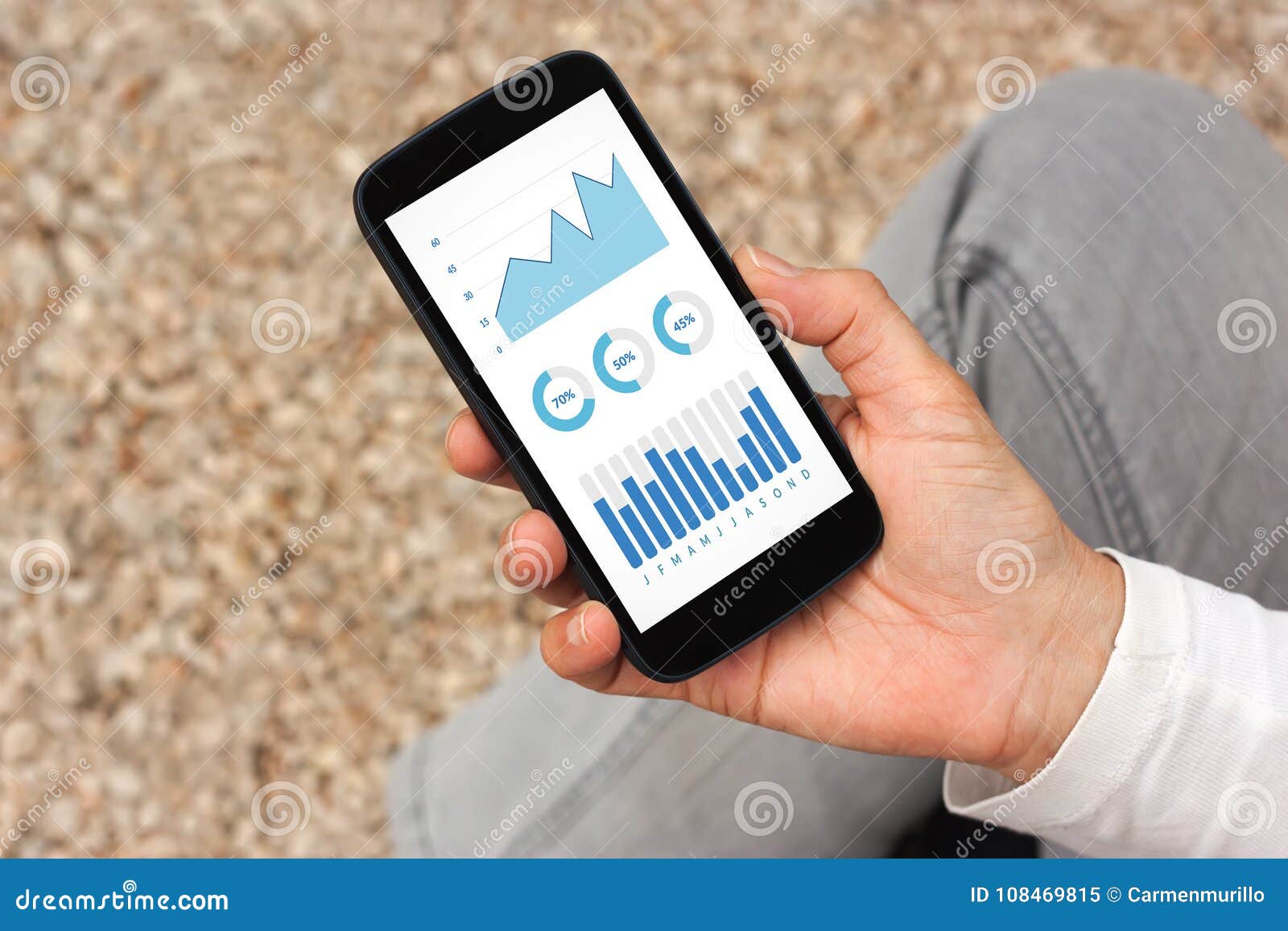 Hand Holding Smartphone with Graphs and Charts Elements on Scree Stock ...