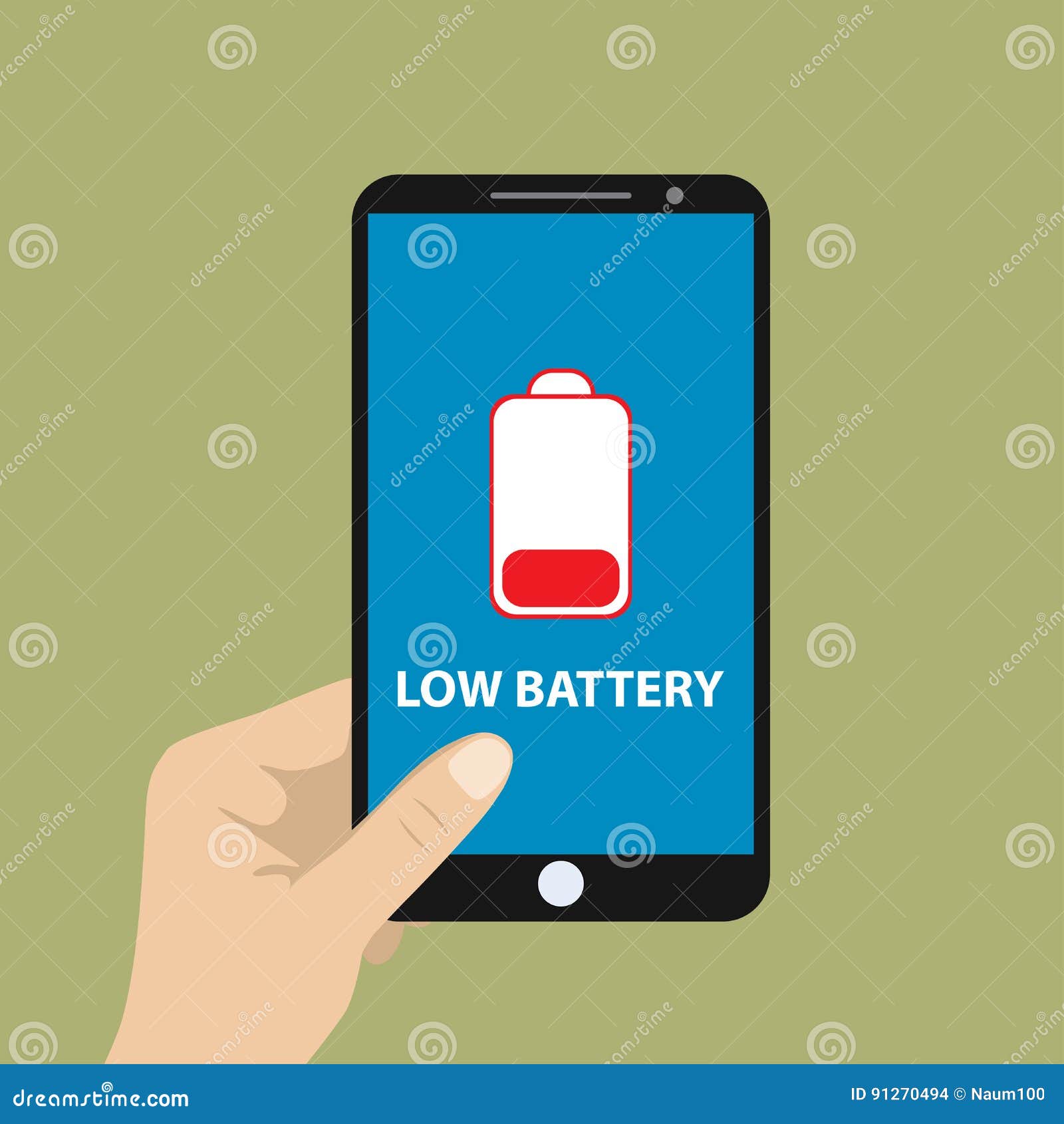 Hand Holding Smartphone with Low Battery. Stock Vector - Illustration ...