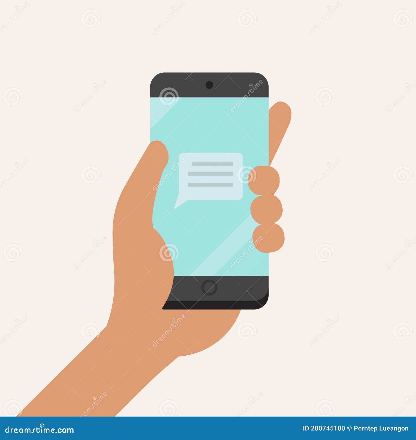 Hand Holding Smartphone with Message Icon on Screen Flat Style.Vector ...