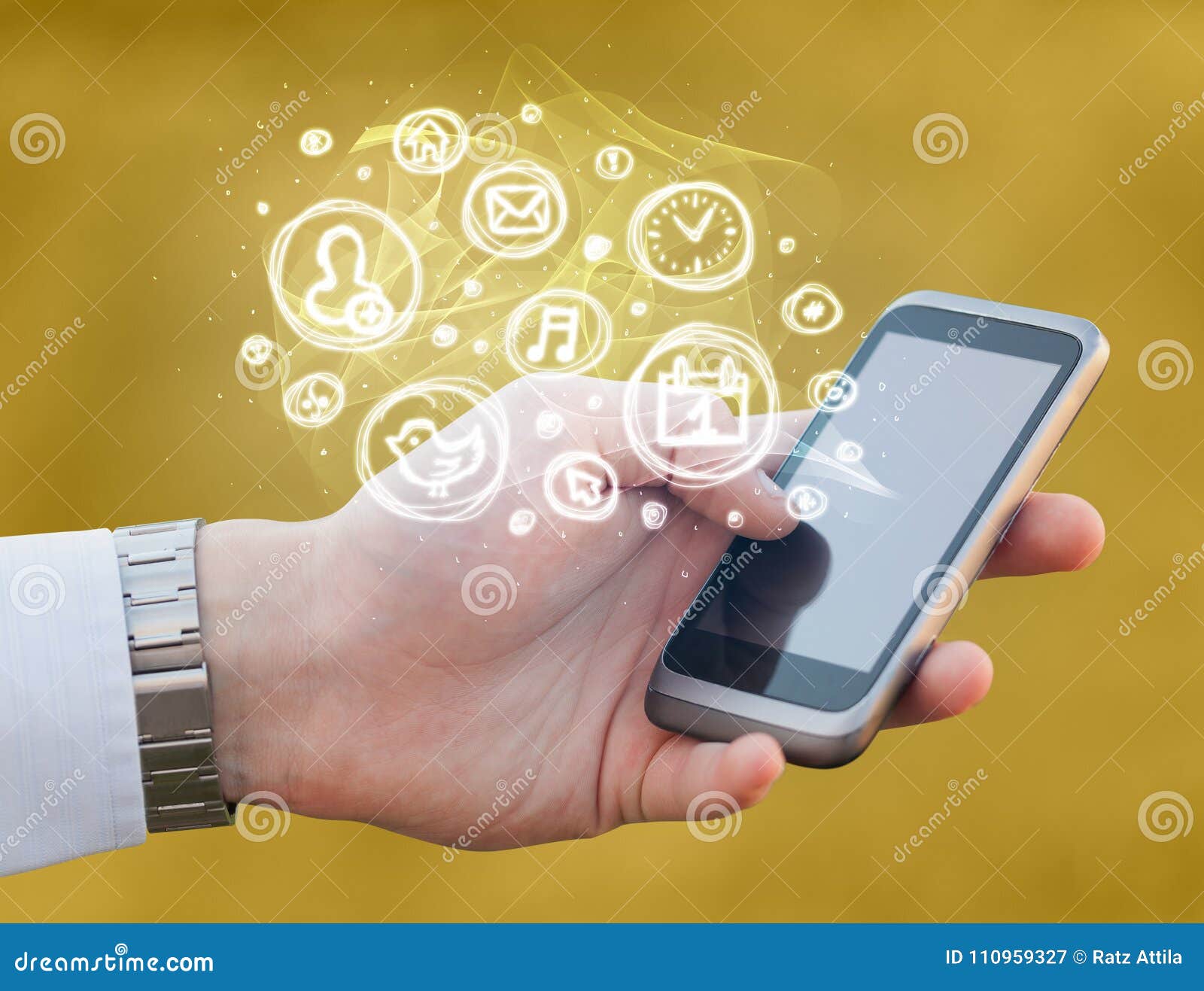 Hand Holding Smartphone with Mobile App Choices Stock Image - Image of ...